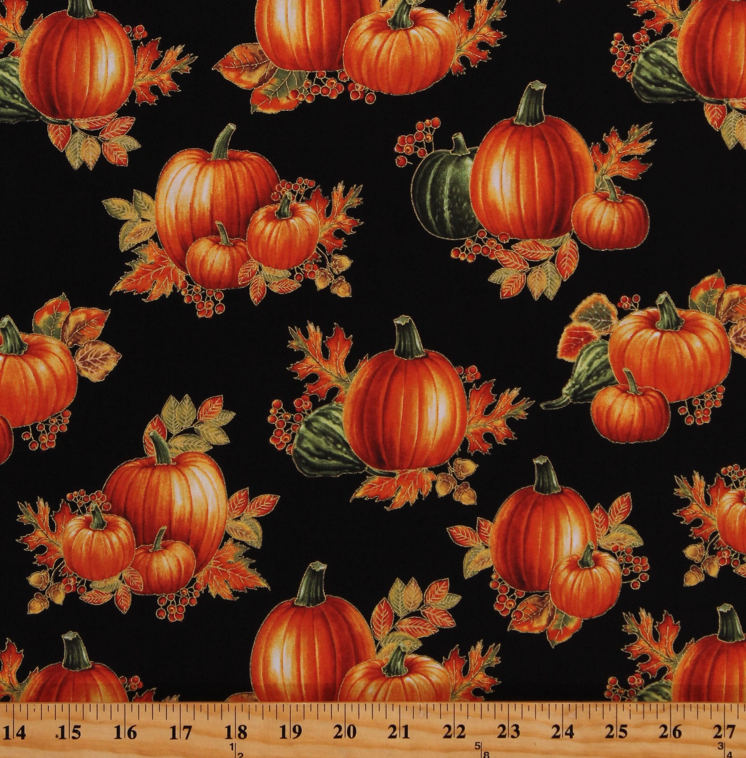 Autumn Harvest Black Cotton Fabric, Fall Pumpkin Print by Yard (1669M ...