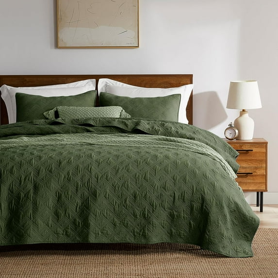 Cotton Queen Size Quilt Set - Olive Green Pre-Washed Soft Lightweight ...