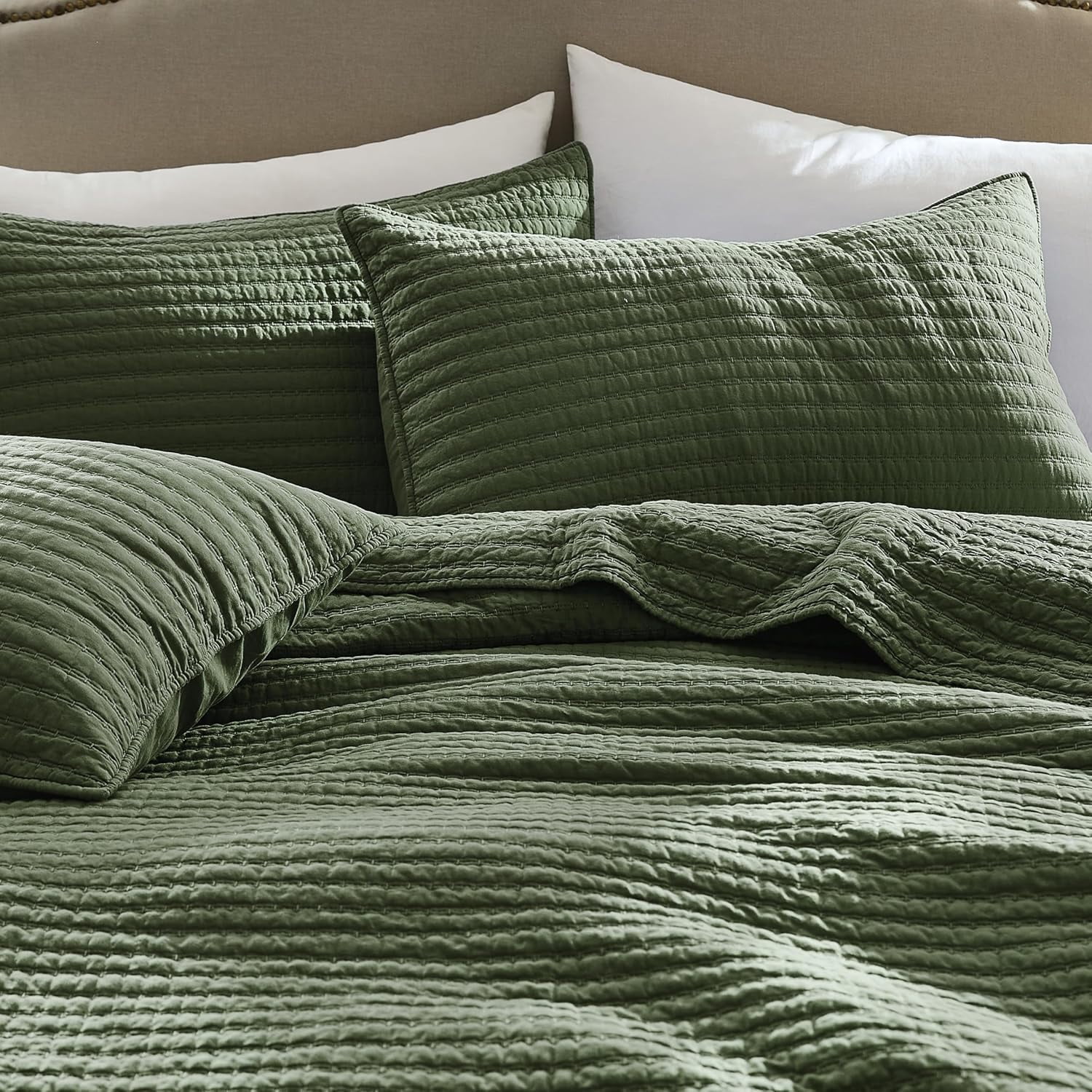 Cotton Queen Size Quilt Set - Olive Green Striped Pick Stitch Soft ...
