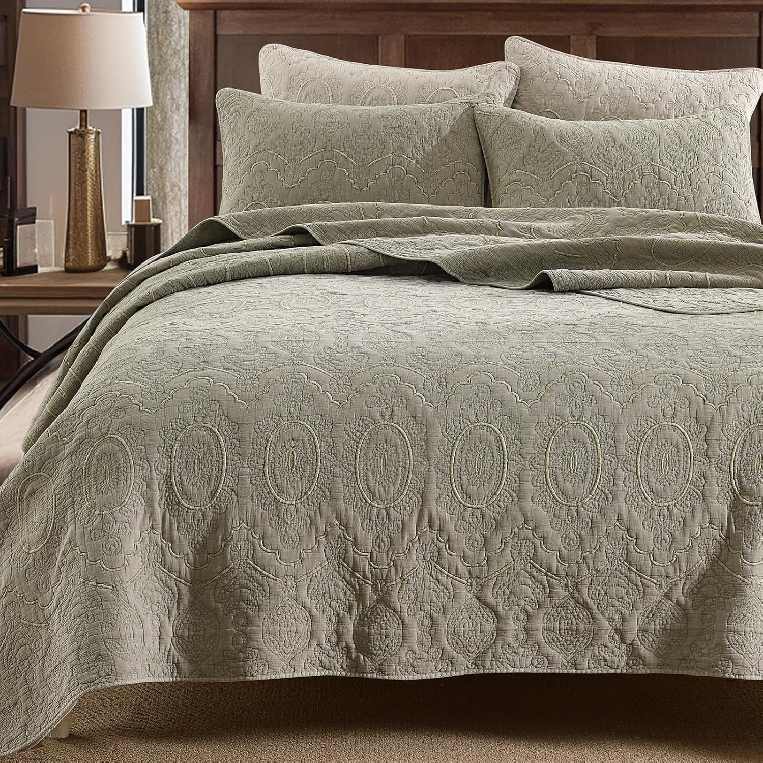 Cotton Quilt King Size, Green Jacquard Embossed Quilt Set Full Size ...