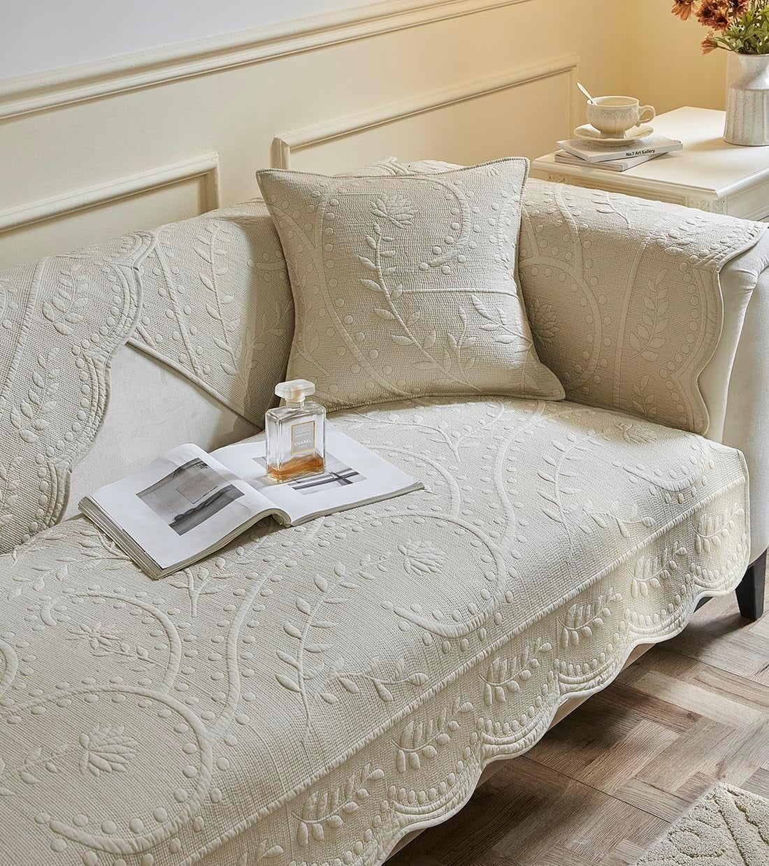 Cotton Quilted Couch Cover Floral Leaves Embroidery Sofa Cover Non Slip ...