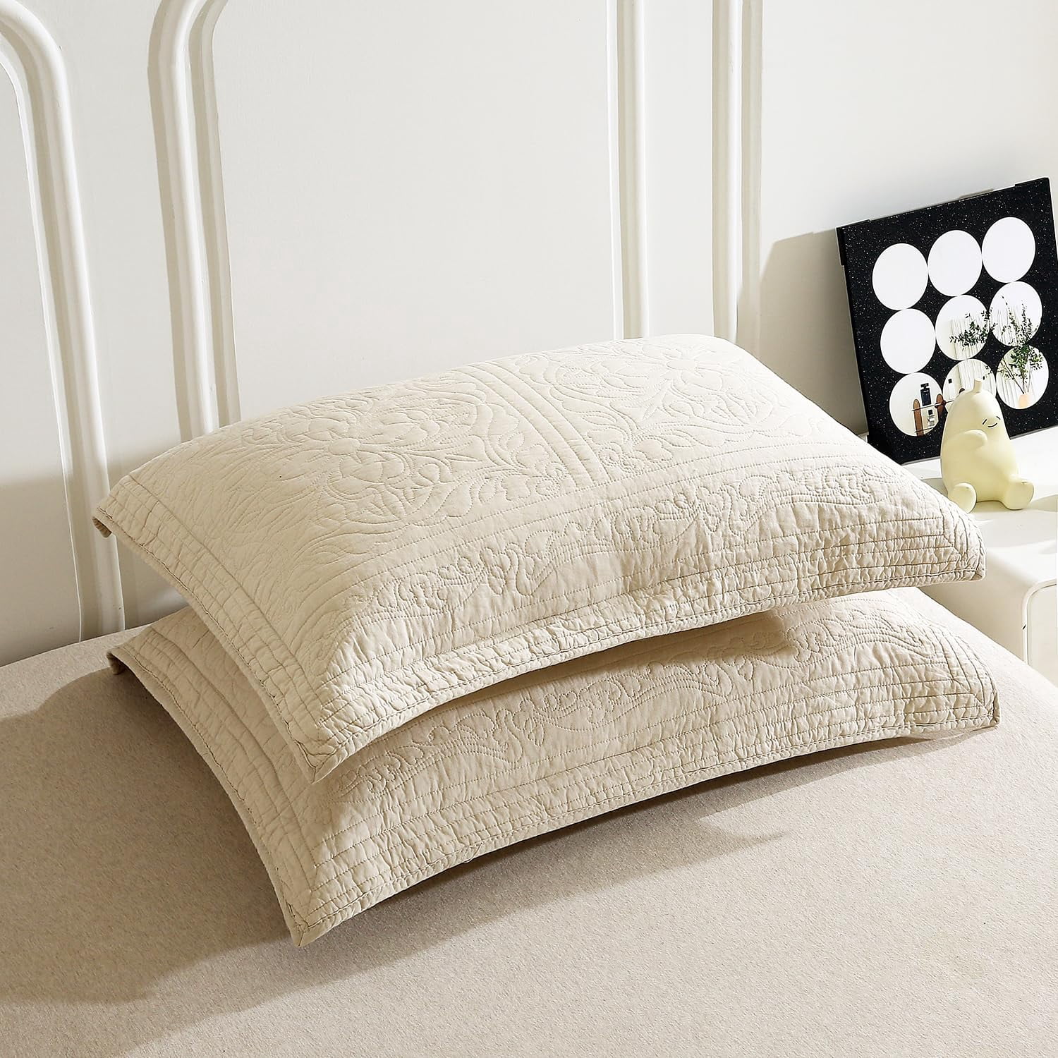 Cotton Quilted Pillow Sham Floral Printed Cover (standard Beige ...