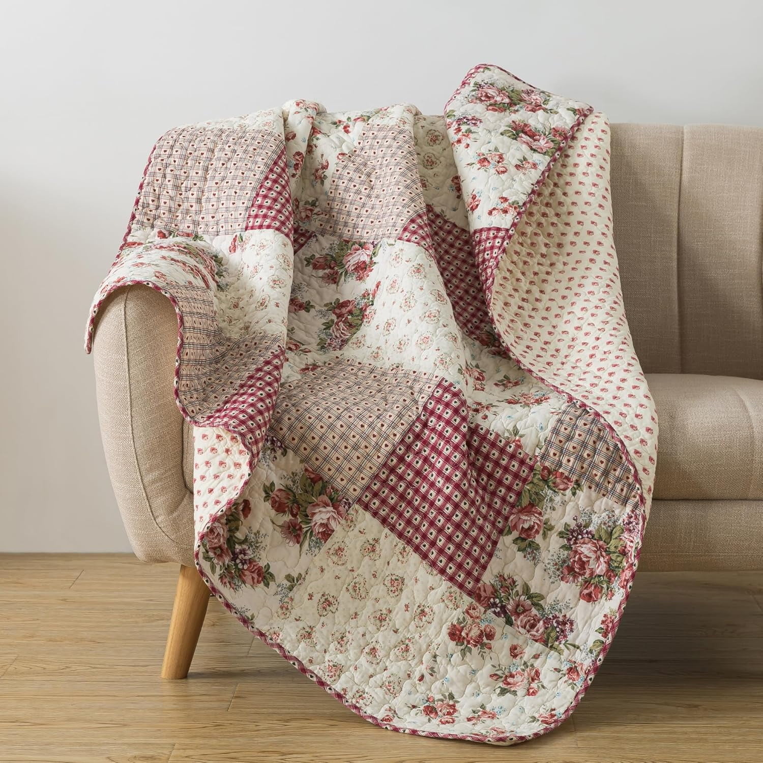 Cotton Quilted Throw Blanket, 50" x 60" Floral Farmhouse Patchwork ...