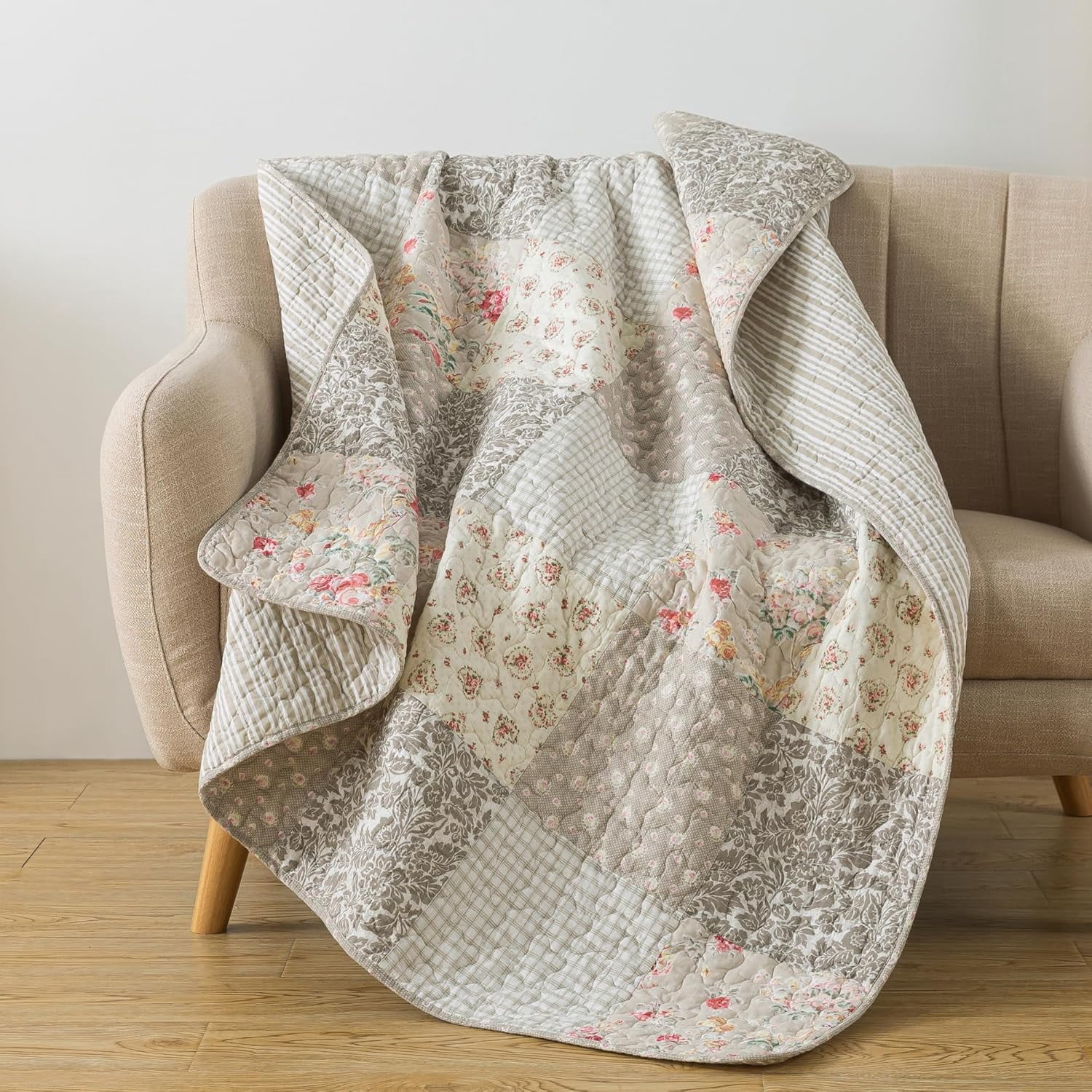 Cotton Quilted Throw Blanket, 50" x 60" Floral Farmhouse Patchwork ...