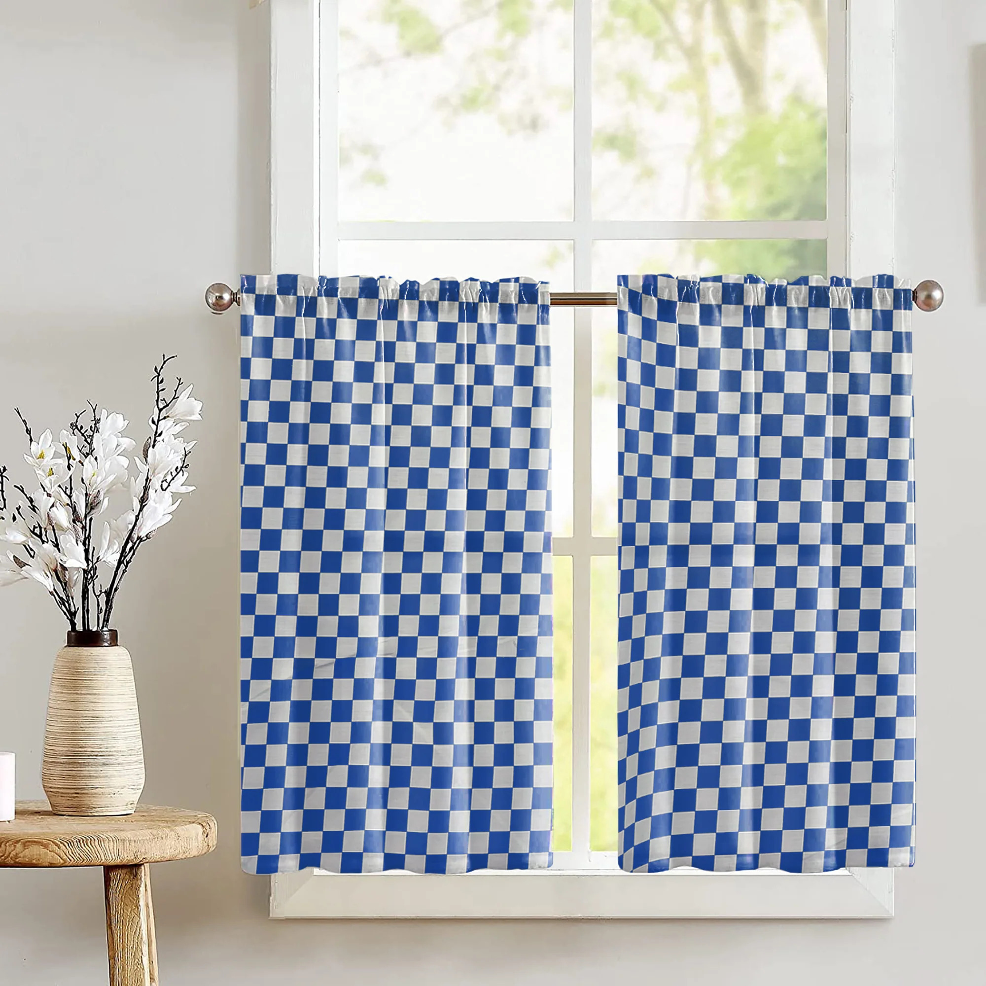 Cotton Racecar Checkerboard Print Café Tier Curtains Window Treatment ...