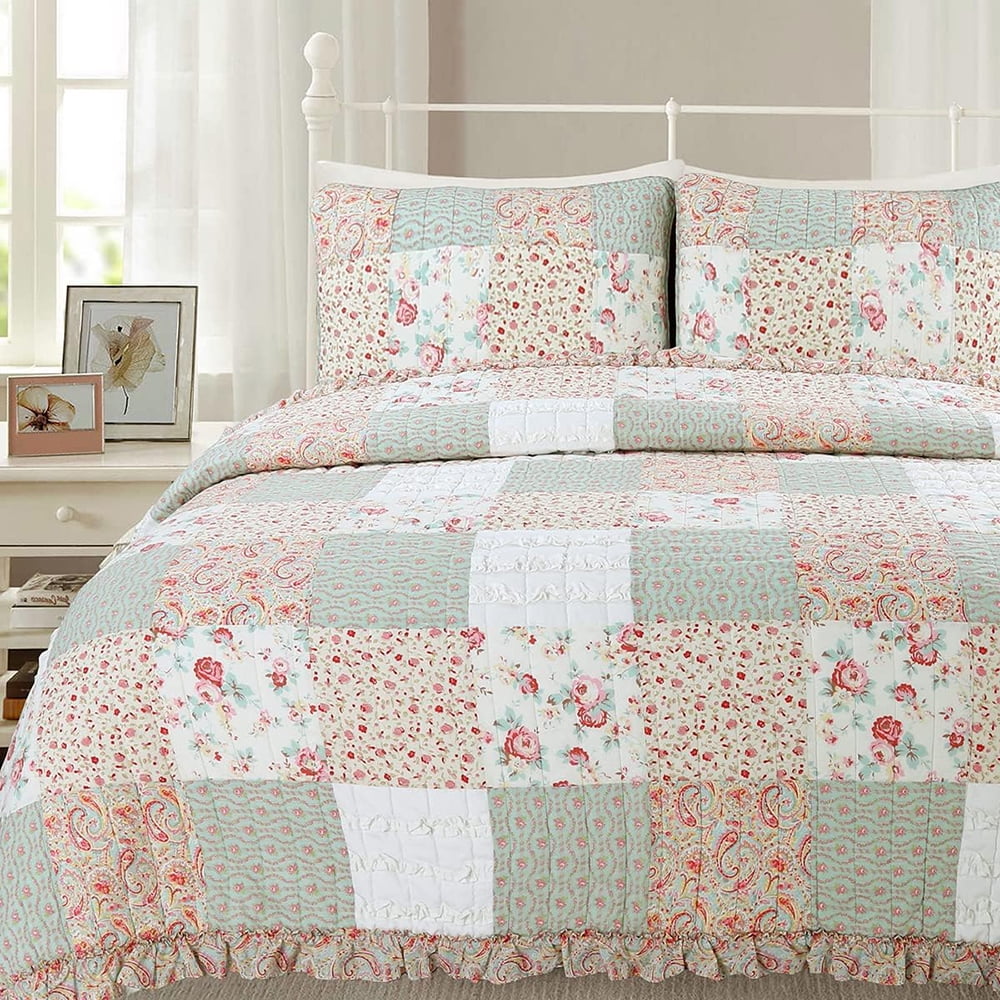 Cotton Real Patchwork Floral Bedspread, Coral Pink Ruffled Reversible ...