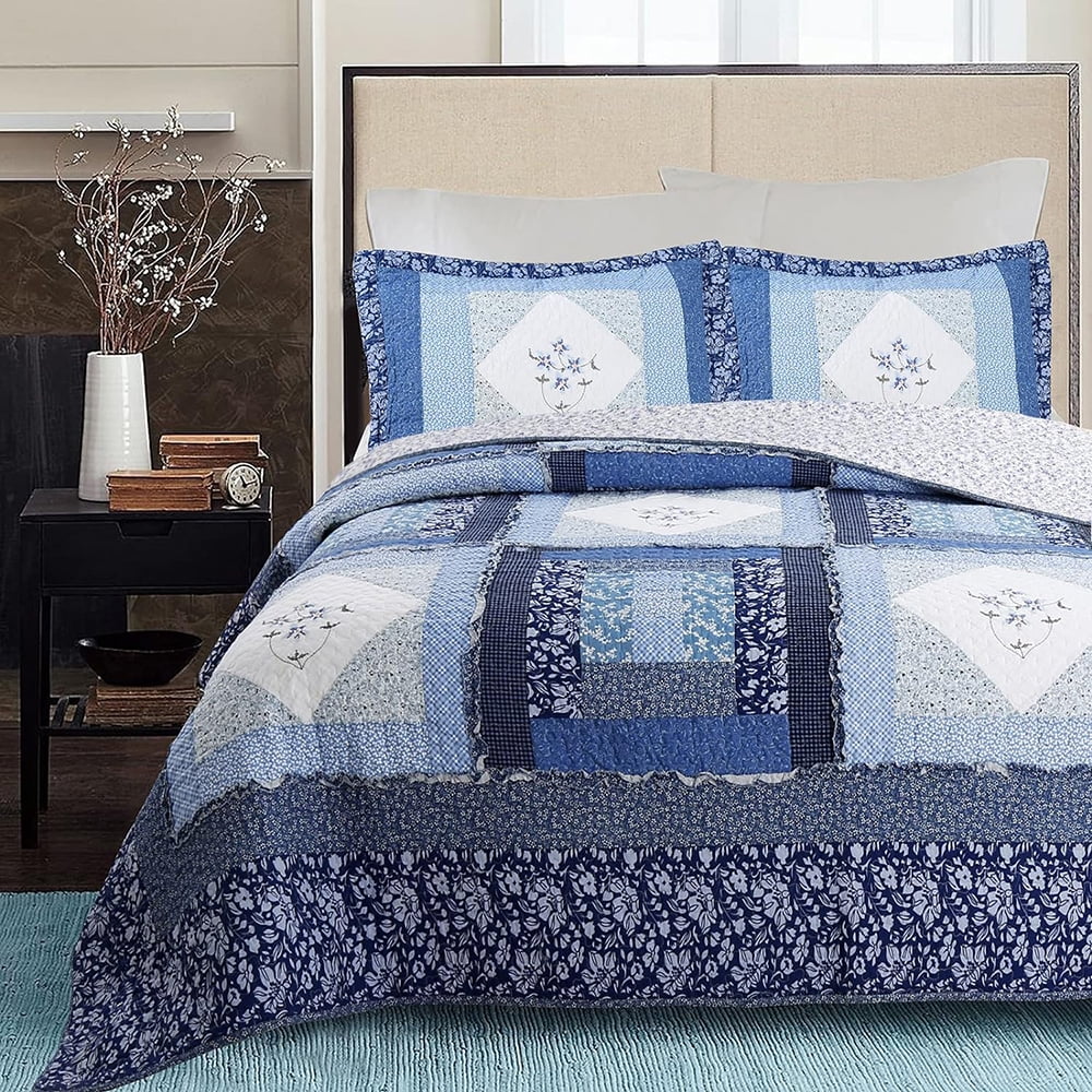 Cotton Real Patchwork Navy Vintage Floral Embroidered Reversible Quilt ...