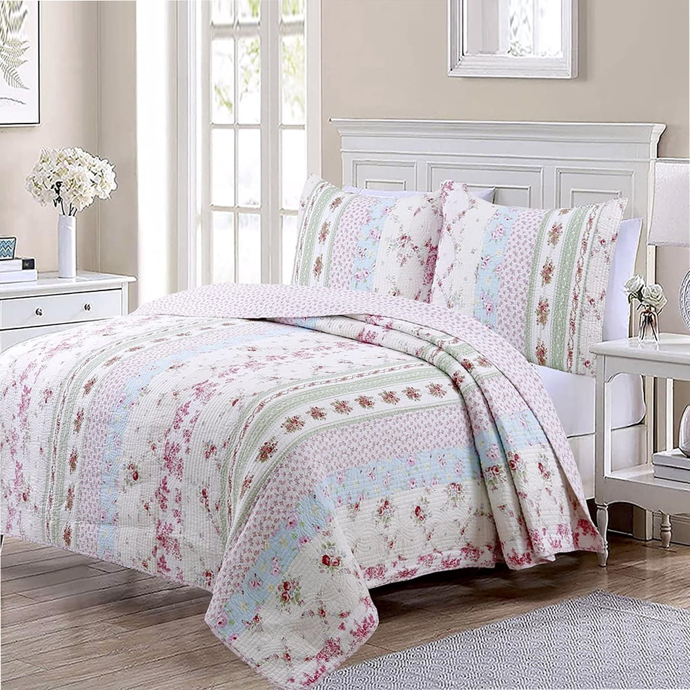 Cotton Real Patchwork Pink Floral Bedspread, Cottage Chic Reversible ...