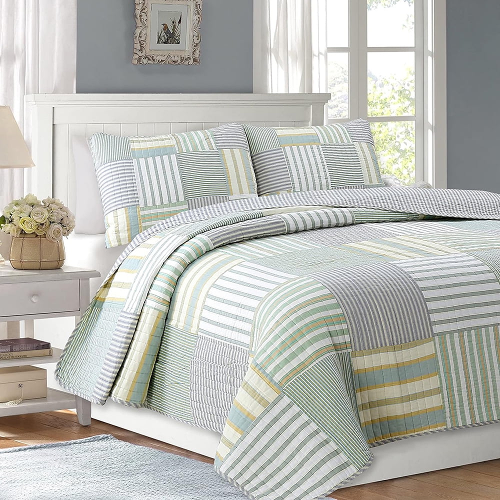 Cotton Real Patchwork Reversible Quilt Bedding Set, Green Yellow Blue ...