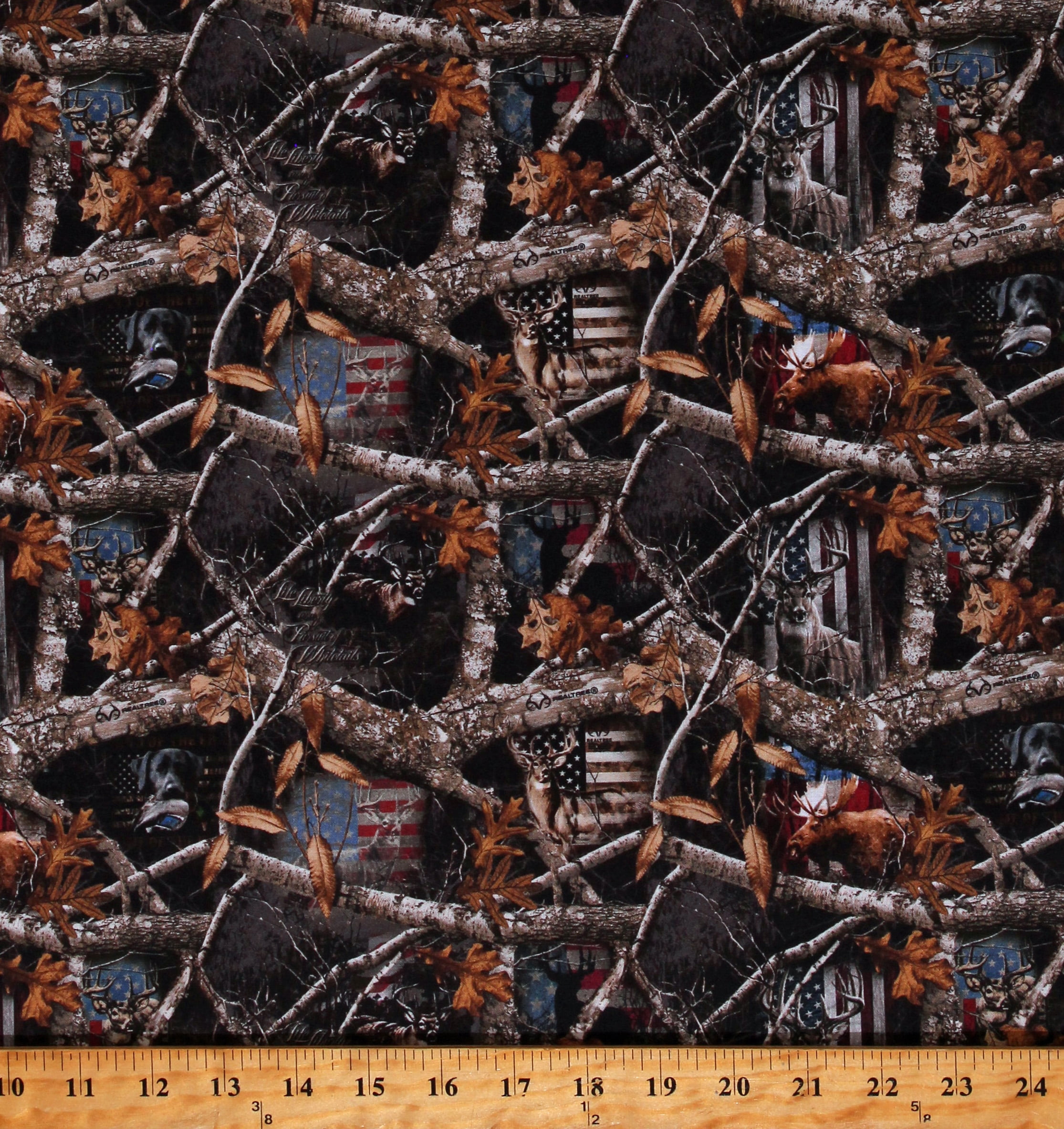 Cotton Realtree Camo Camouflage Patriotic Flags Dogs Deer Moose Animals ...
