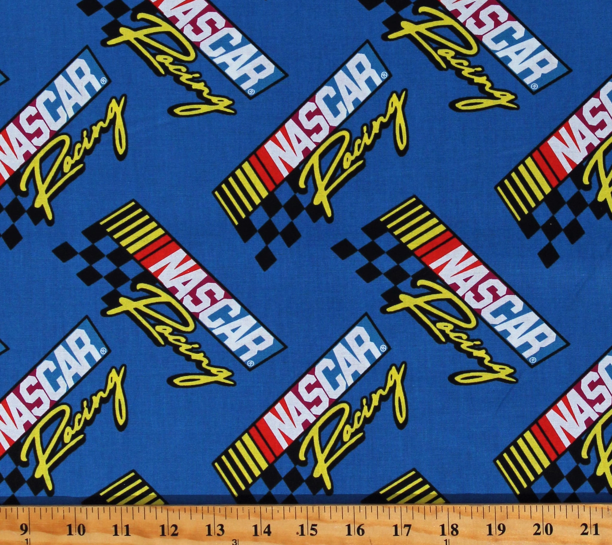 Cotton Retro Nascar Racing Logos Auto Racing Sports Blue Cotton Fabric ...
