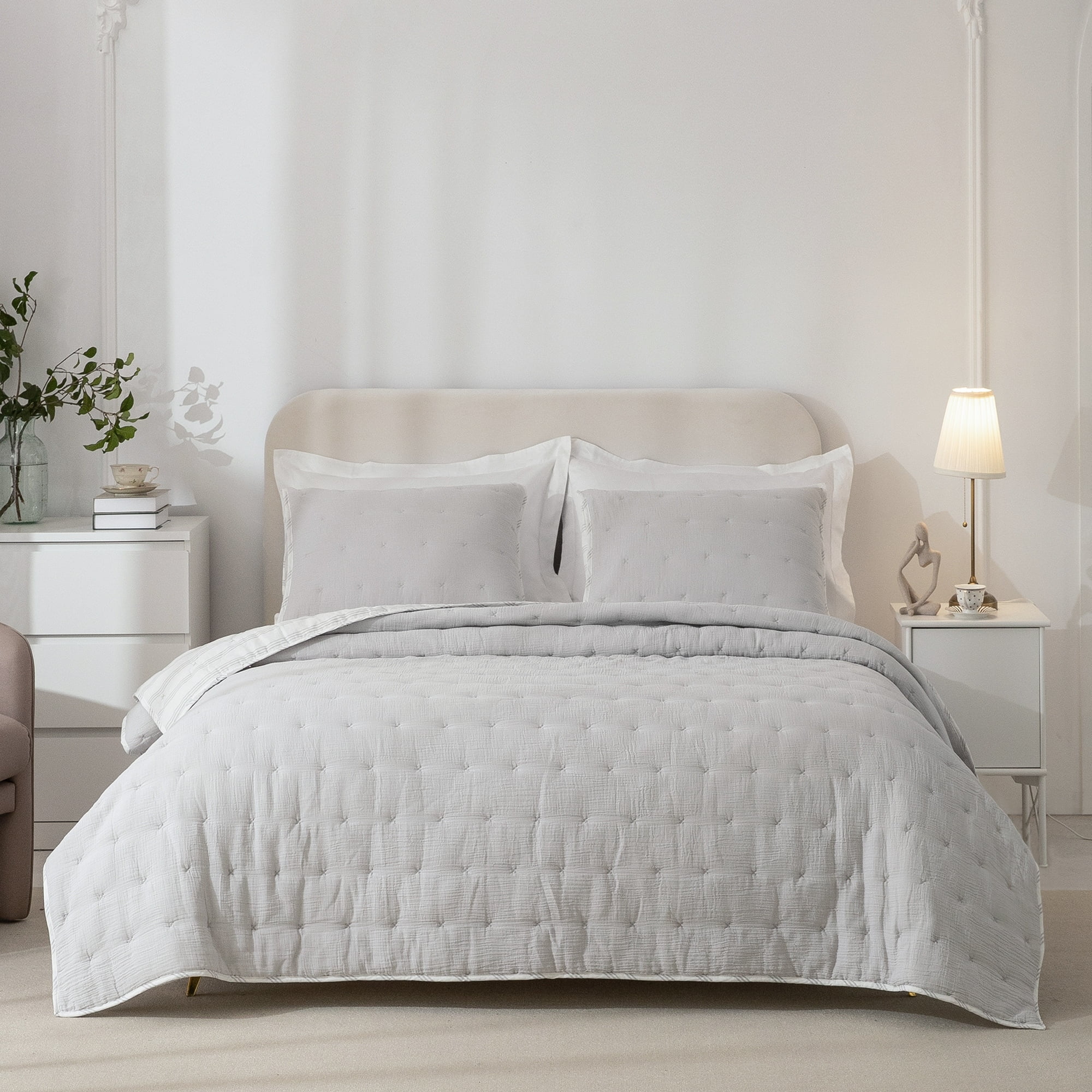 Cotton Reversible 3 Piece Quilt Set light Grey - Queen - Walmart.com