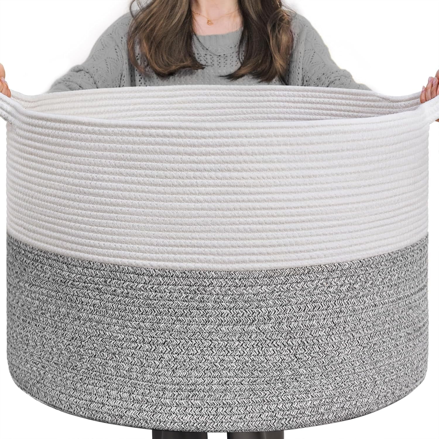 Cotton Rope Basket 21.7" x 21.7" x 13.8" Woven Baby Laundry Blanket ...