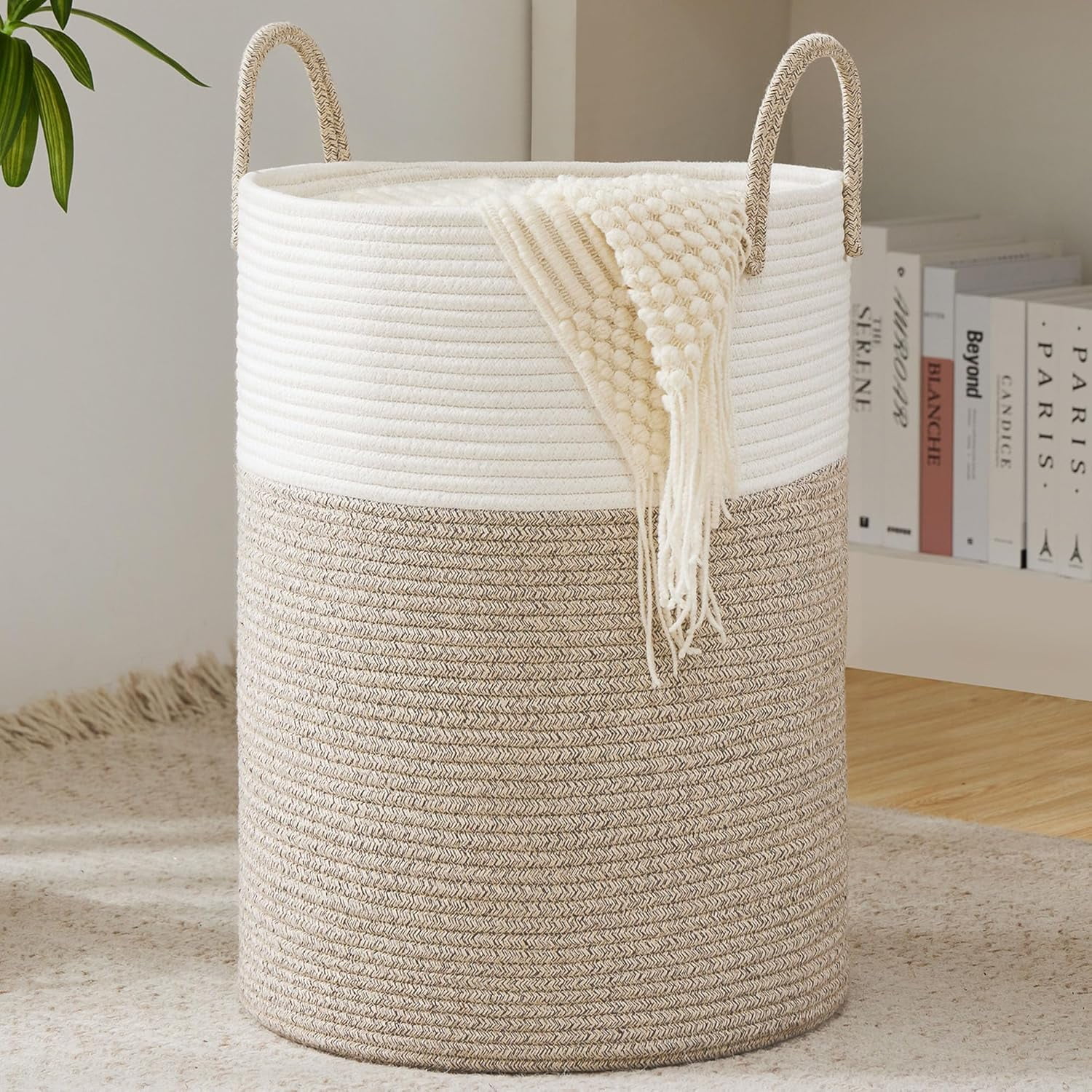 Cotton Rope Laundry Basket , 58L Woven Collapsible Laundry Hamper ...