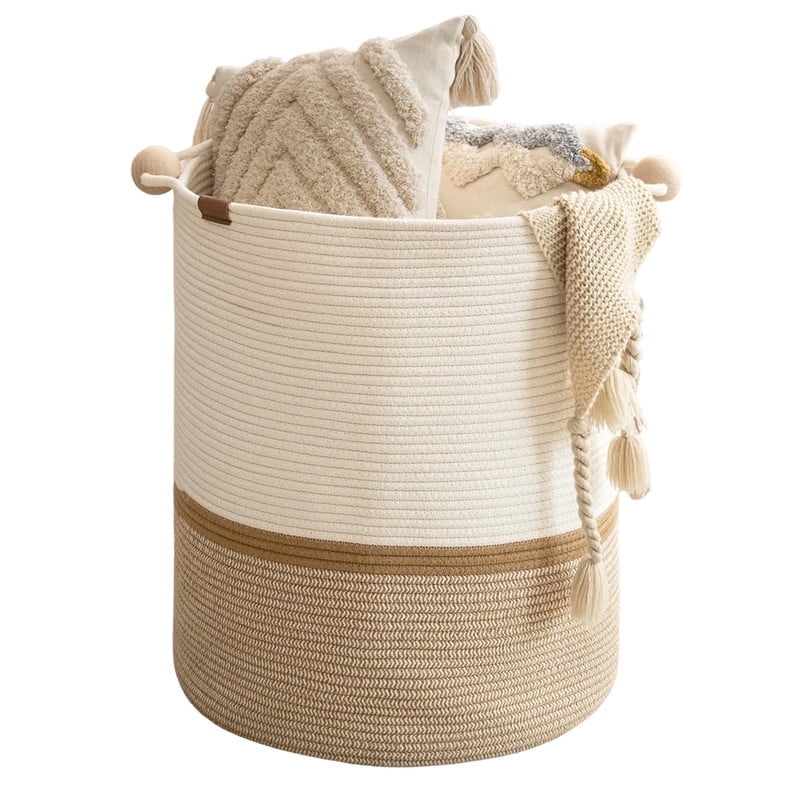 Cotton Rope Laundry Basket,with Wooden Beads Handles,Portable,Folded ...