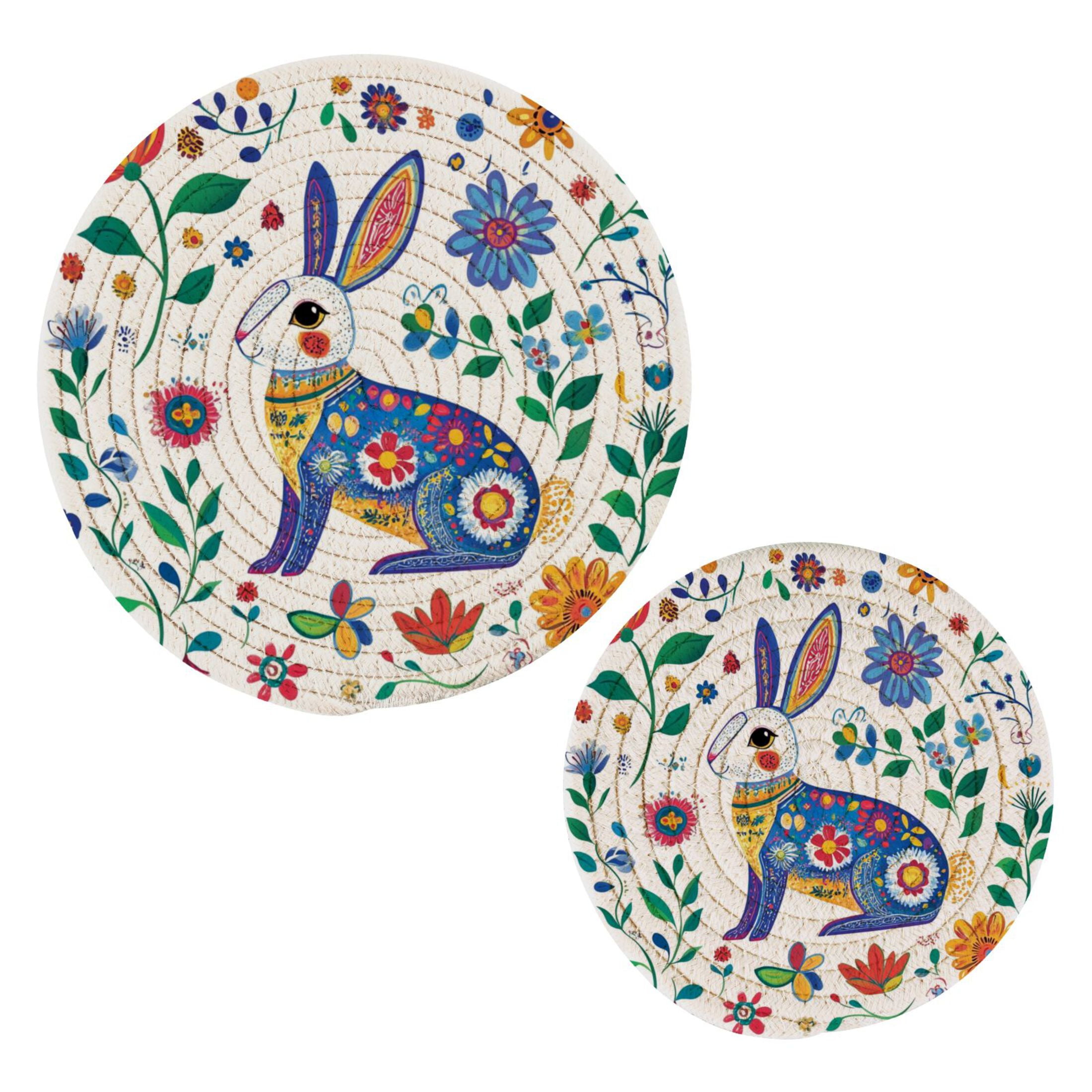 Cotton Rope Pot Holder Set of 2 Kitchen Trivets Art Motifs Style Rabbit ...
