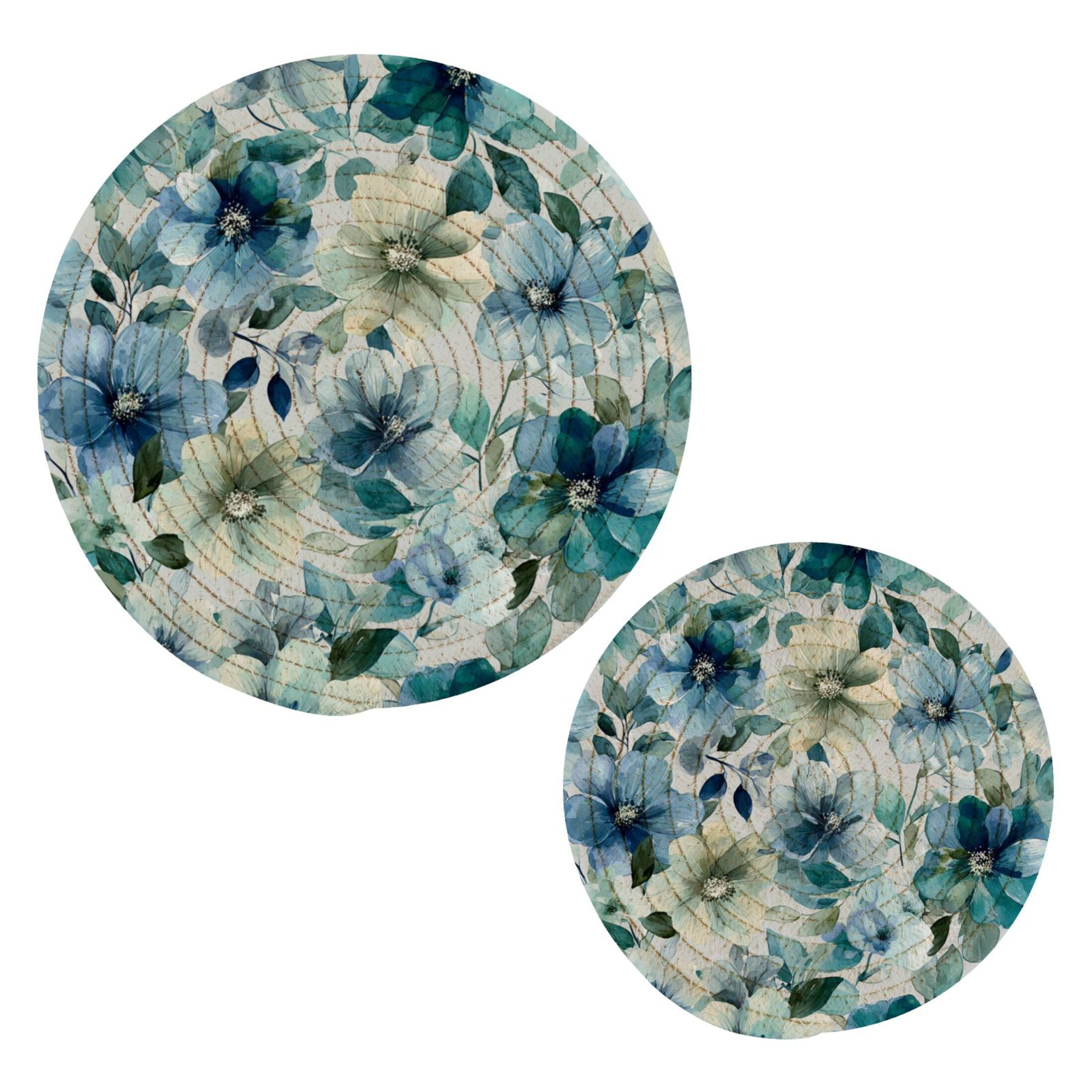 Cotton Rope Pot Holder Set of 2 Kitchen Trivets Blue and Green Flowers ...