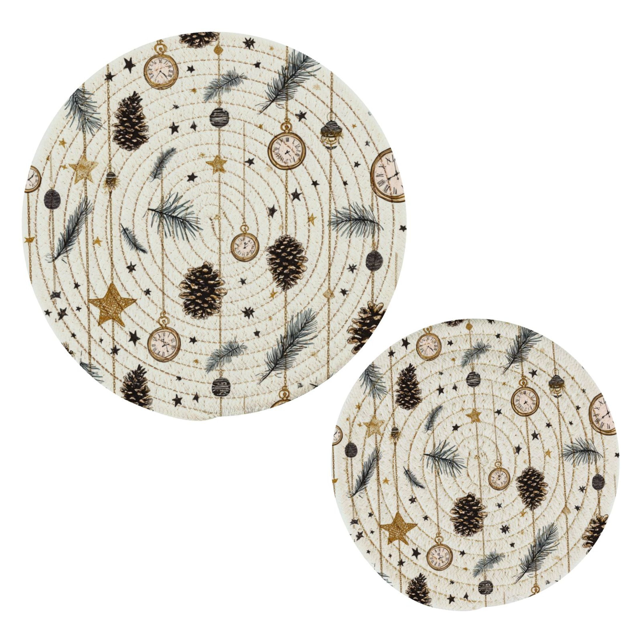Cotton Rope Pot Holder Set of 2 Kitchen Trivets Hanging Clocks and Pine ...