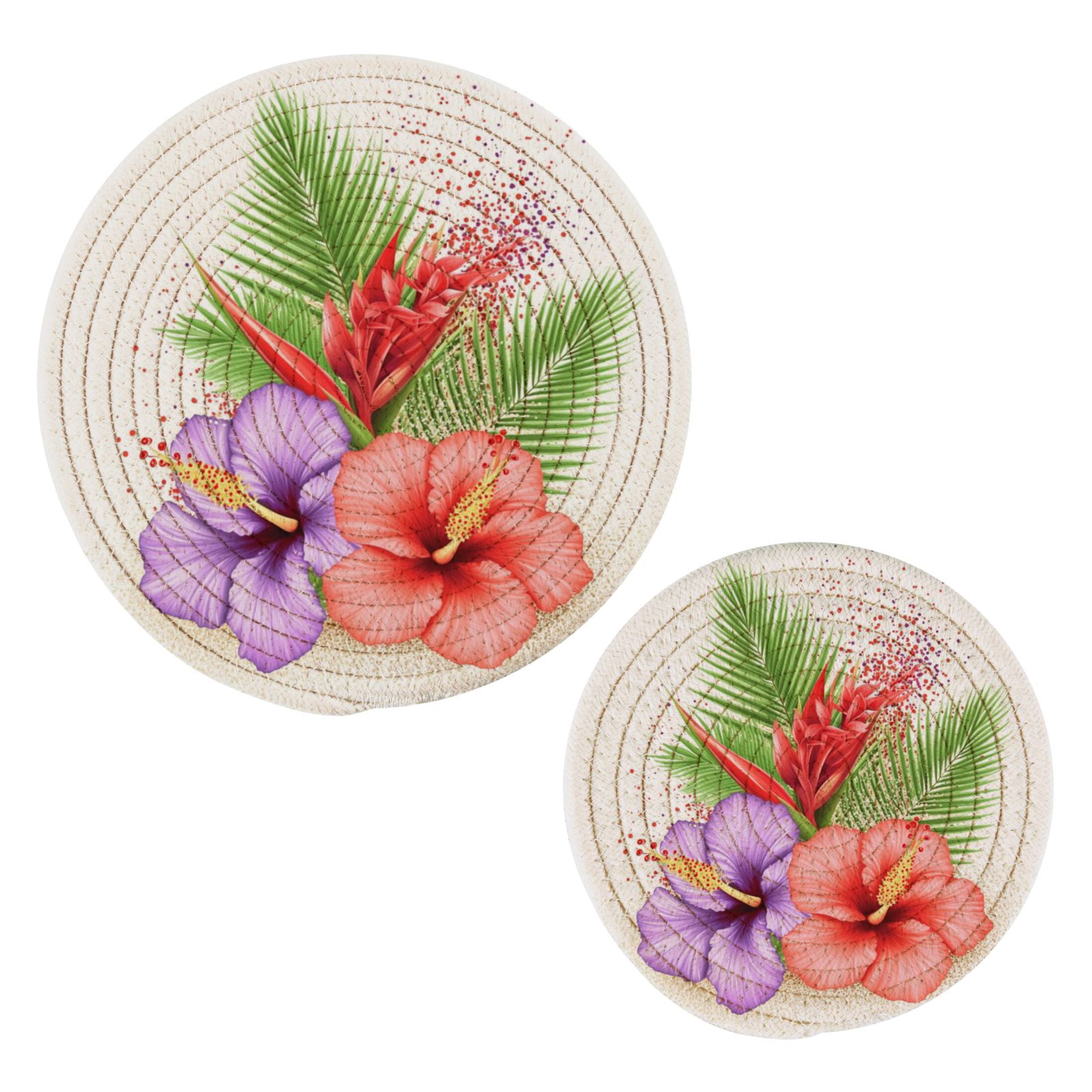 Cotton Rope Pot Holder Set of 2 Kitchen Trivets Tropical Flower ...