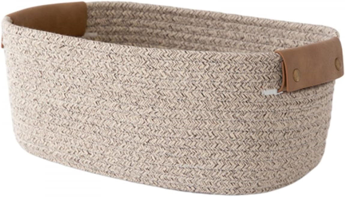 Cotton Rope Storage Basket with Leather Handle - Woven Decorative Home ...