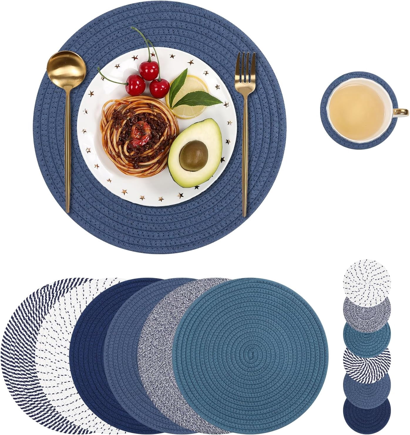Cotton Rope Woven Round Placemats Set of 6 with Coasters, 13 Inch ...