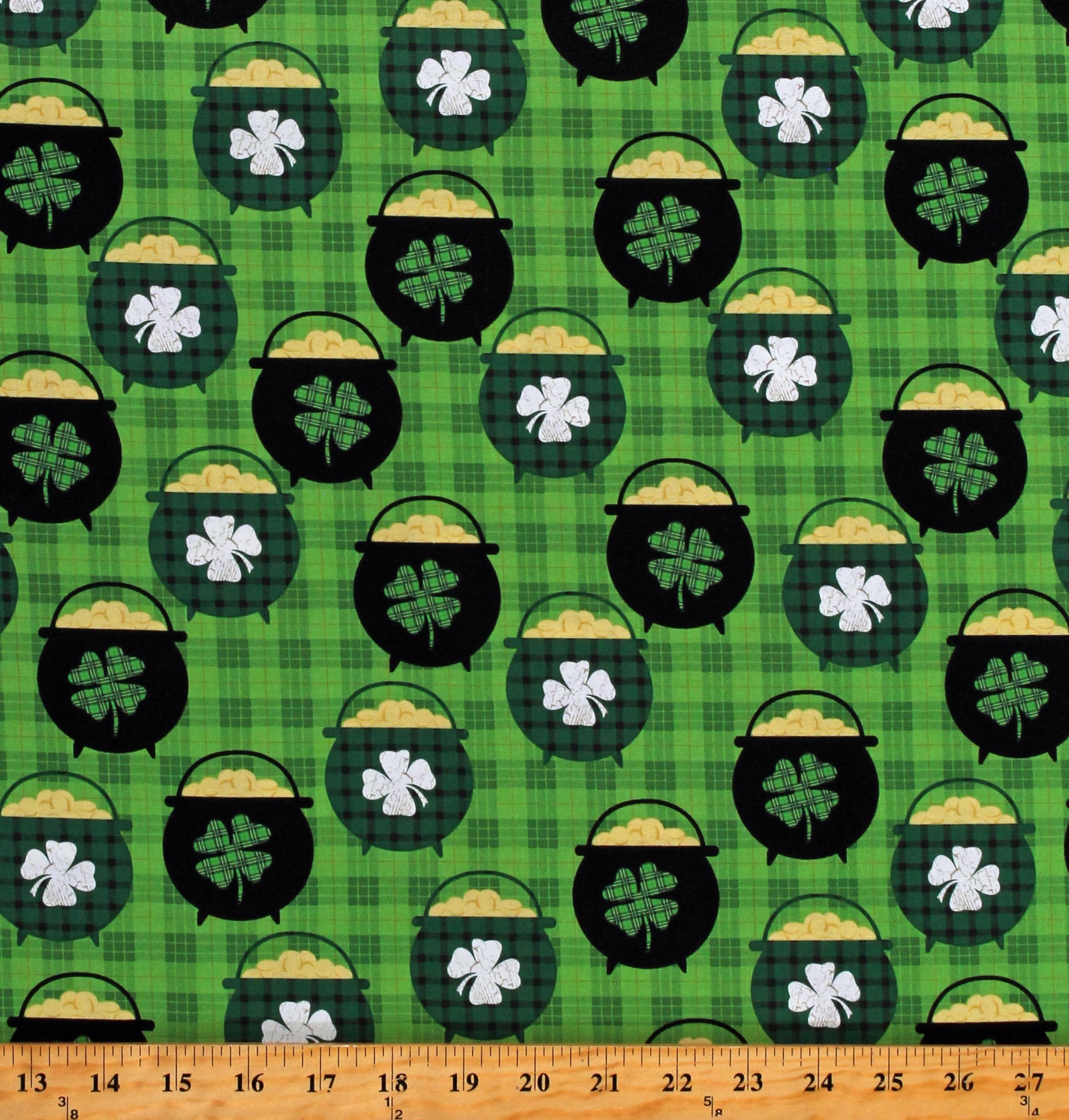 Cotton Saint Patrick's Day Holiday Pot of Gold Hello Lucky Green Plaid ...