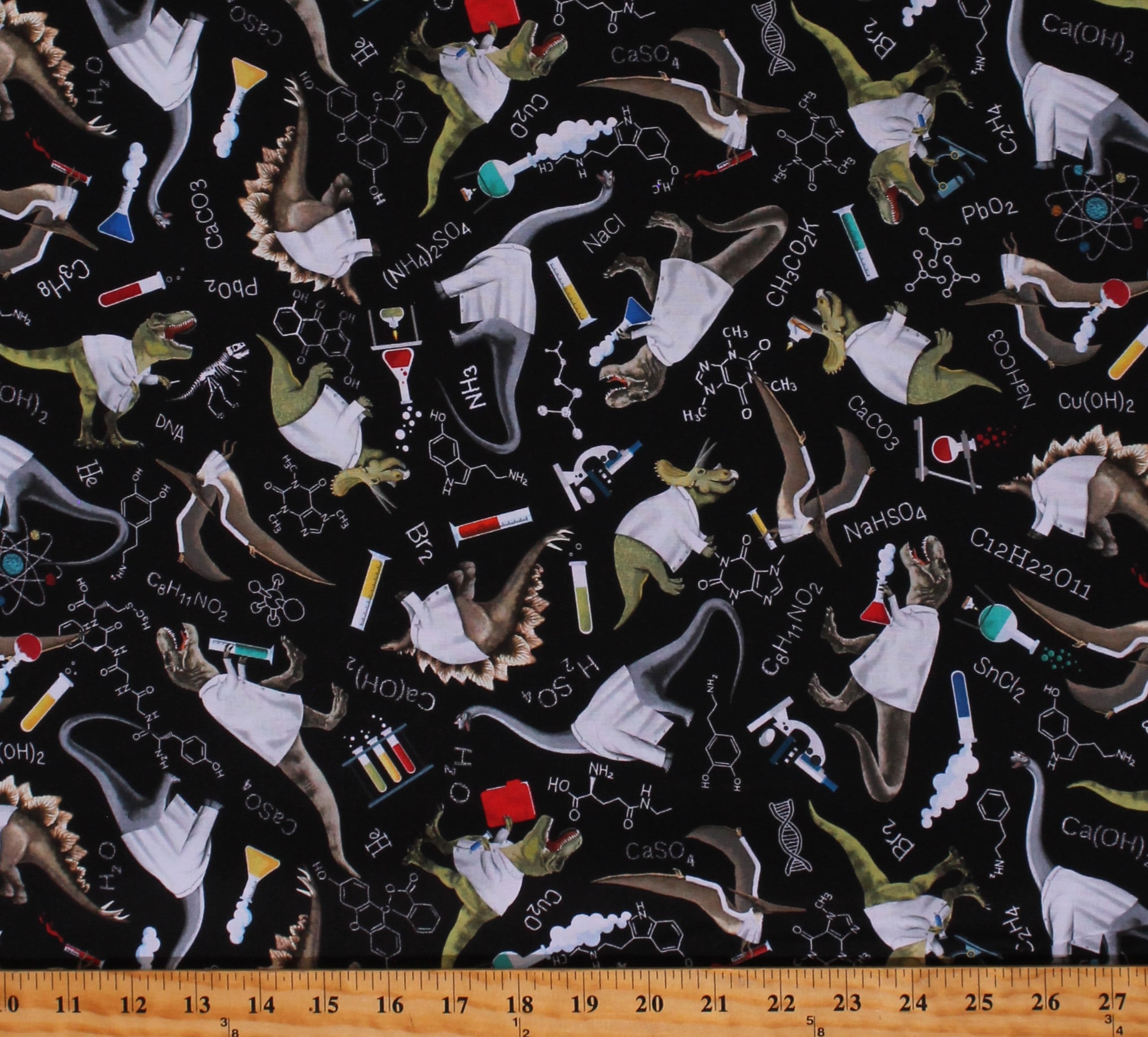 Cotton Scientist Dinosaurs in Lab Coats Dinos Kids Black Cotton Fabric ...