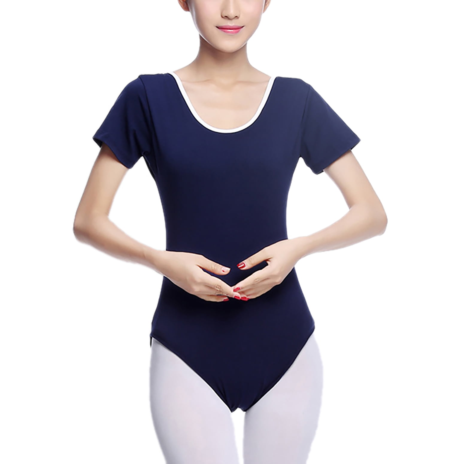 Cotton Short Sleeve Piping Scoop Neck Womens Bodysuit Leotard Self Tie ...