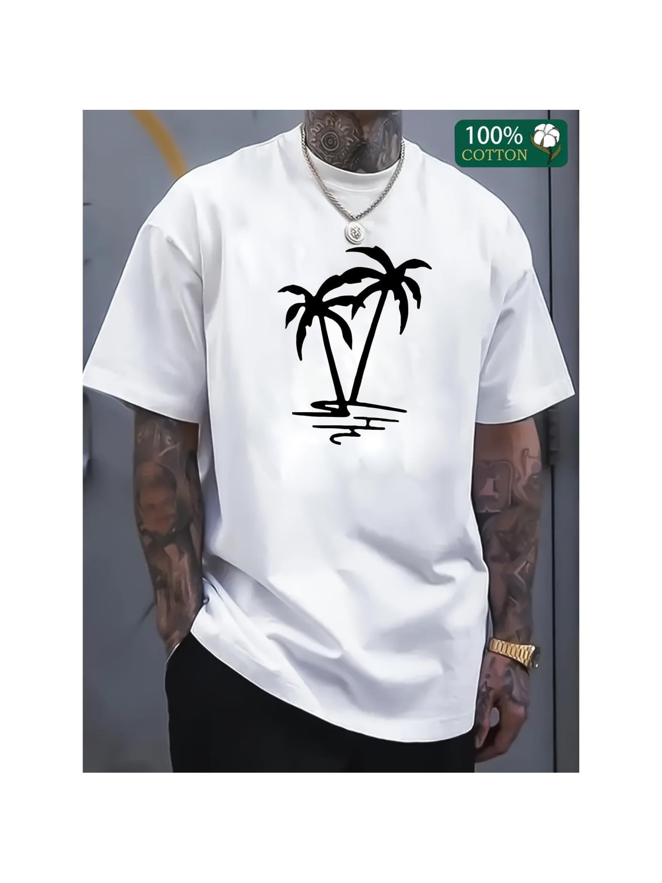 Cotton Short Sleeve T-Shirt Coconut Tree Pattern Pure Cotton Men's T ...