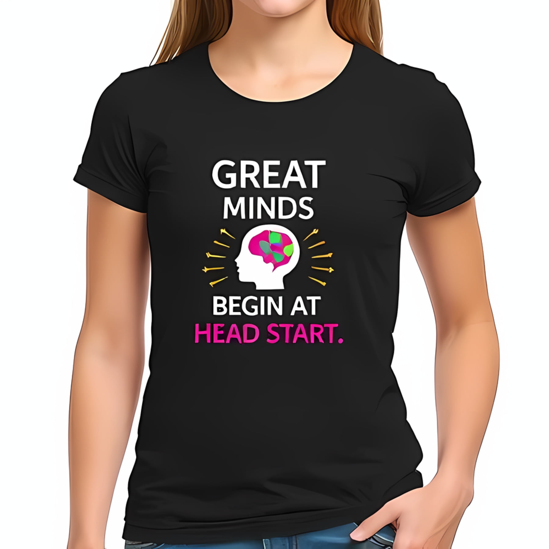 Cotton Short Sleeve T-Shirt - " GREAT MINDS BEGIN AT HEAD START " with ...