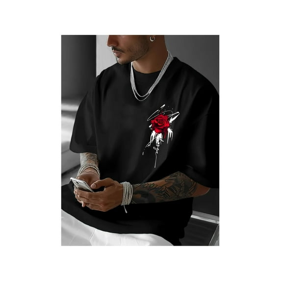 Cotton Short Sleeve T-Shirt Men's Casual White T-Shirt with Vibrant Red ...