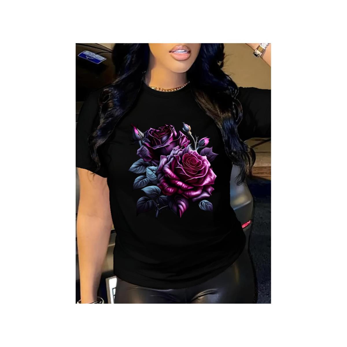 Cotton Short Sleeve T-Shirt'S Floral Rose Print T-Shirt, Casual Crew ...