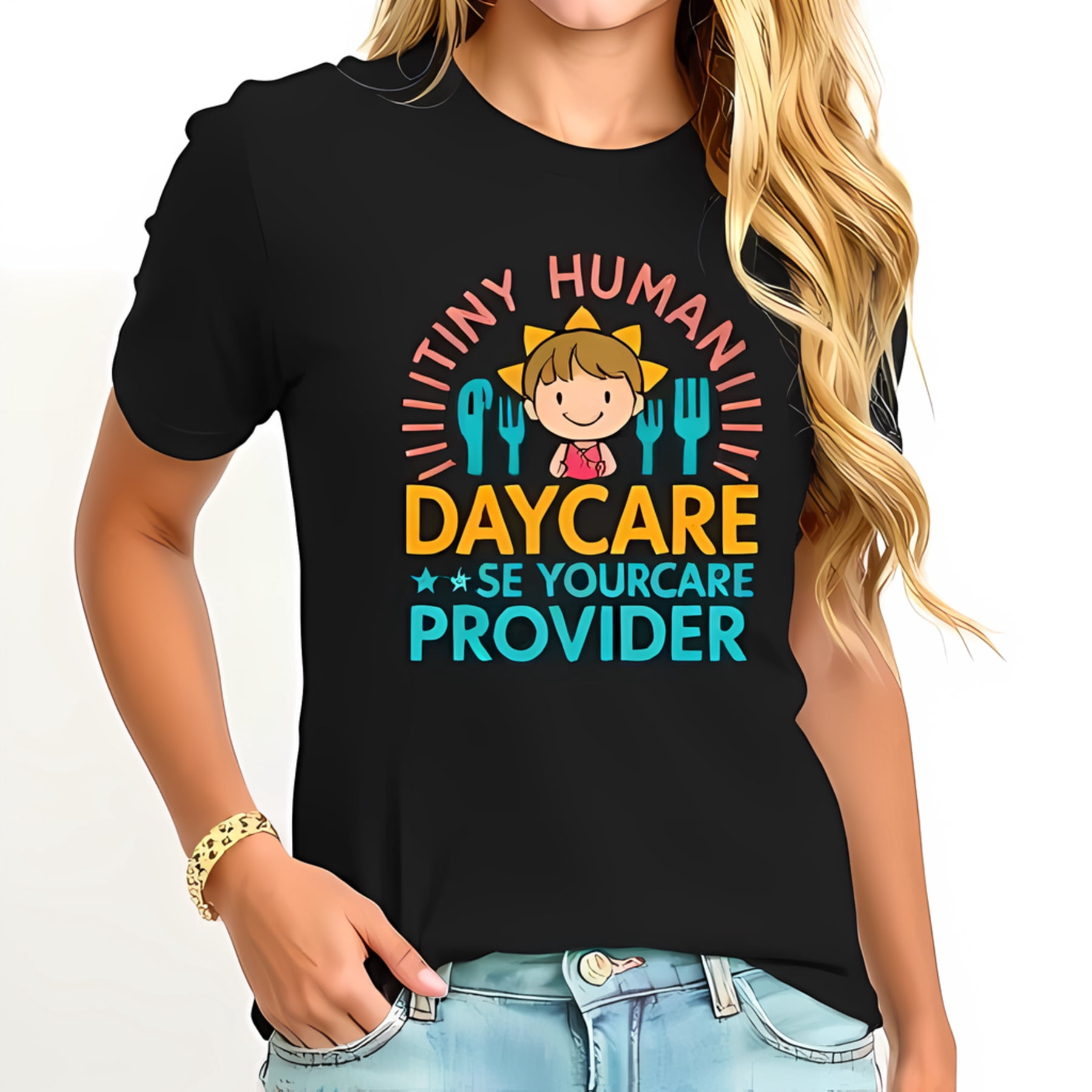 Cotton Short Sleeve T-Shirt - " Tiny Human Daycare " Playful Design ...