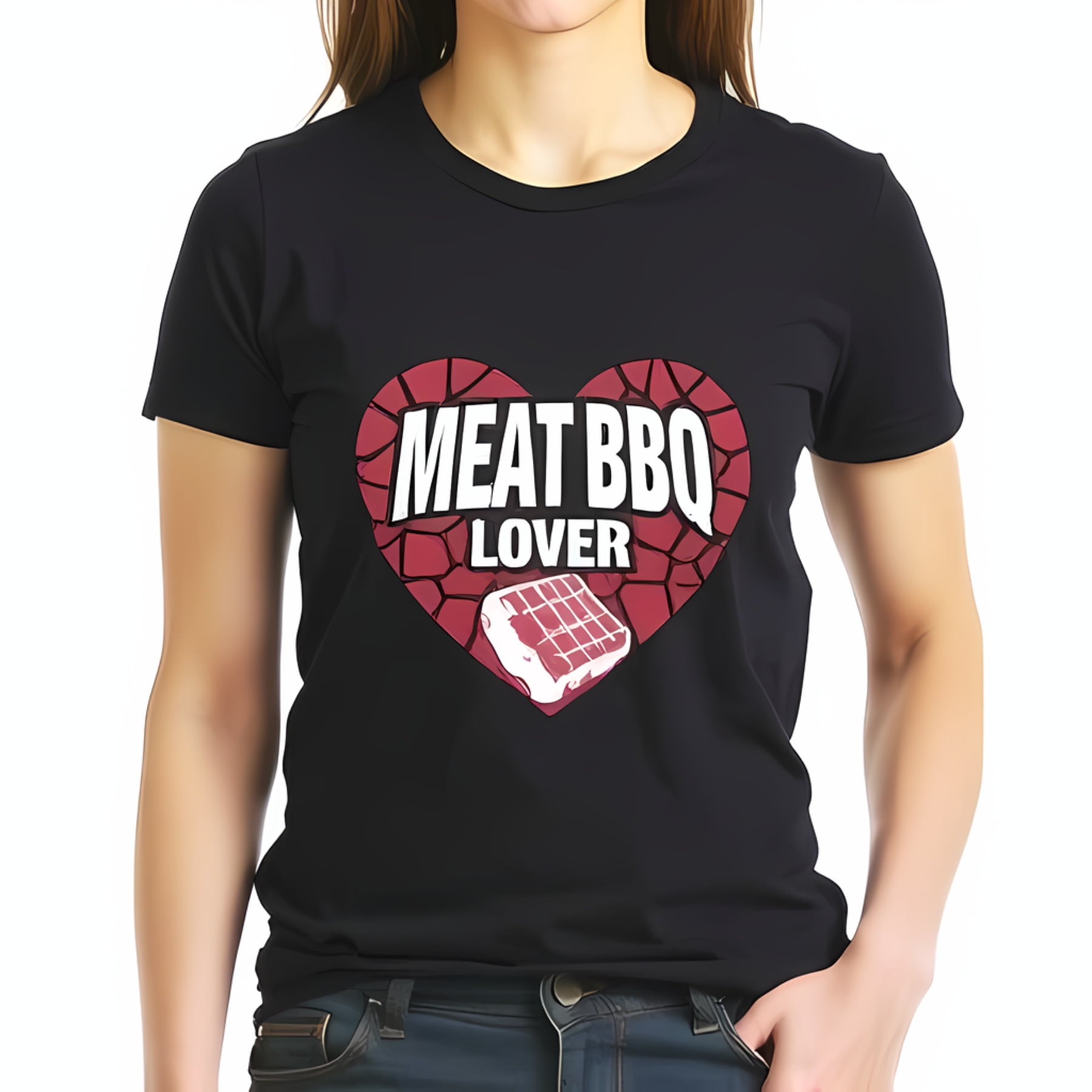 Cotton Short Sleeve T-Shirt for BBQ Lovers - Heart Design with Red ...
