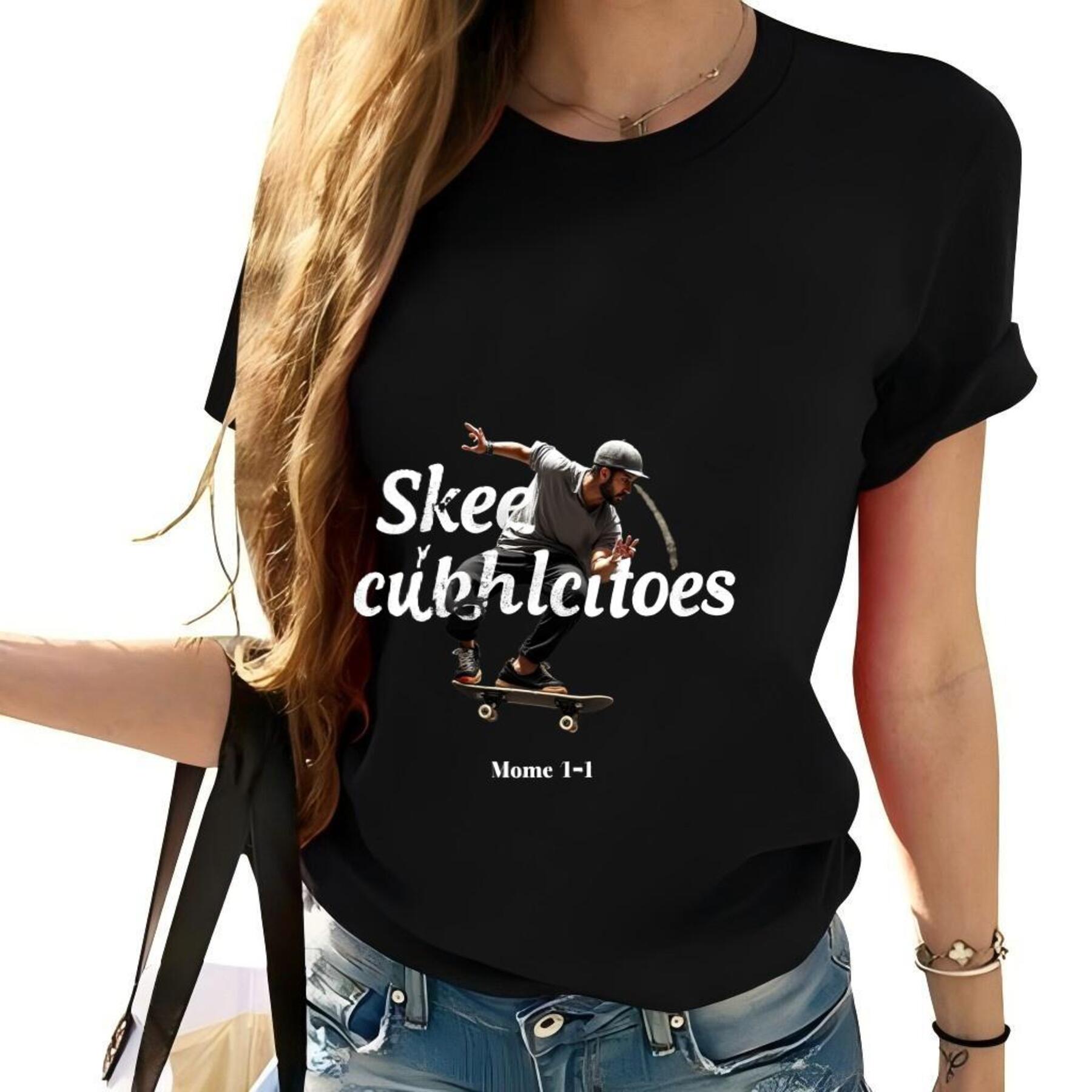 Cotton Short Sleeve T-Shirt for Women - Black Tee with Skateboarder ...