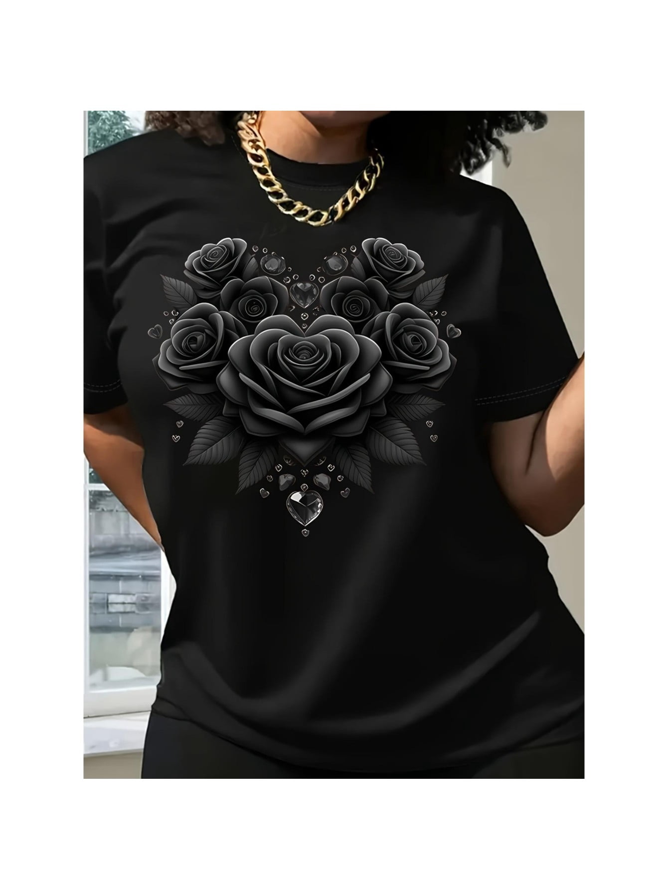Cotton Short Sleeve T-Shirt's Elegant Heart-Shaped Rose & Diamond Print ...