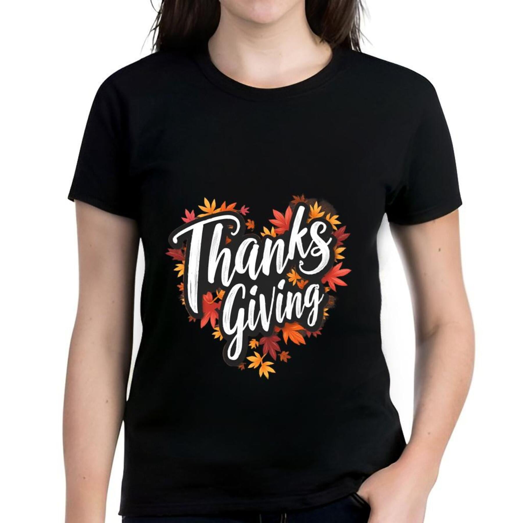 Cotton Short Sleeve T-Shirt with Autumn Leaves Heart Design - " Thanks ...