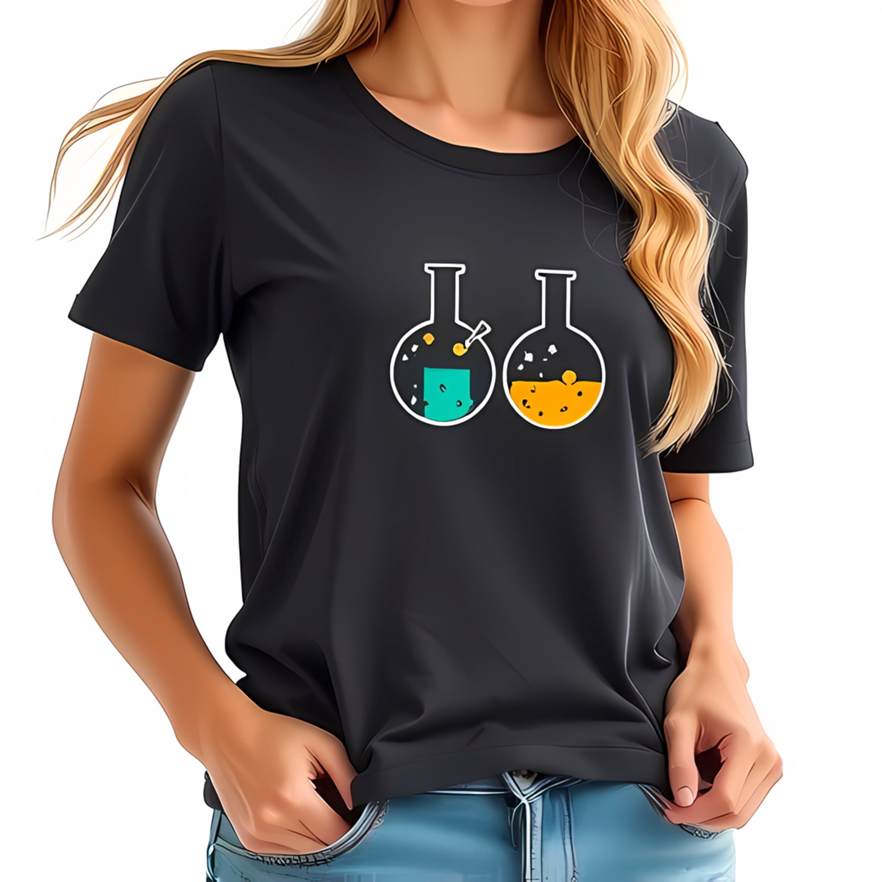 Cotton Short Sleeve T-Shirt with Beaker Graphic Design - Teal & Orange ...