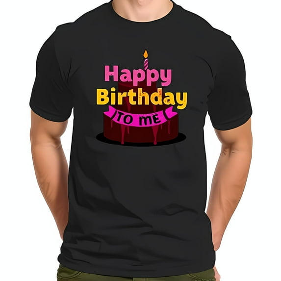 Cotton Short Sleeve T-Shirt with Birthday Cake Graphic " Happy Birthday ...
