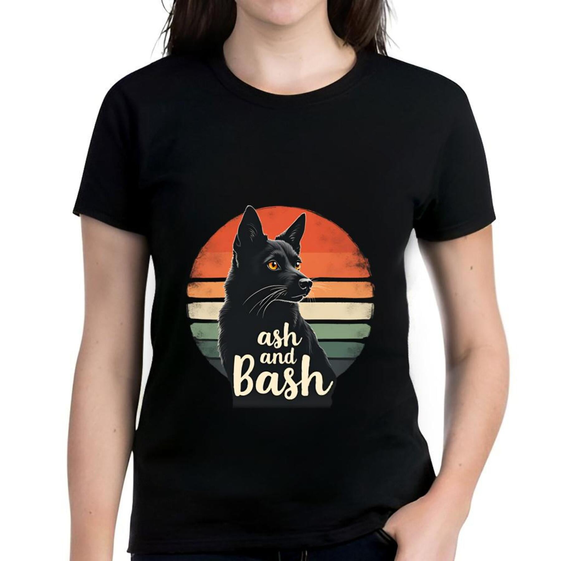 Cotton Short Sleeve T-Shirt with Black Cat Graphic and Striped Background - " Ash and Bash ...