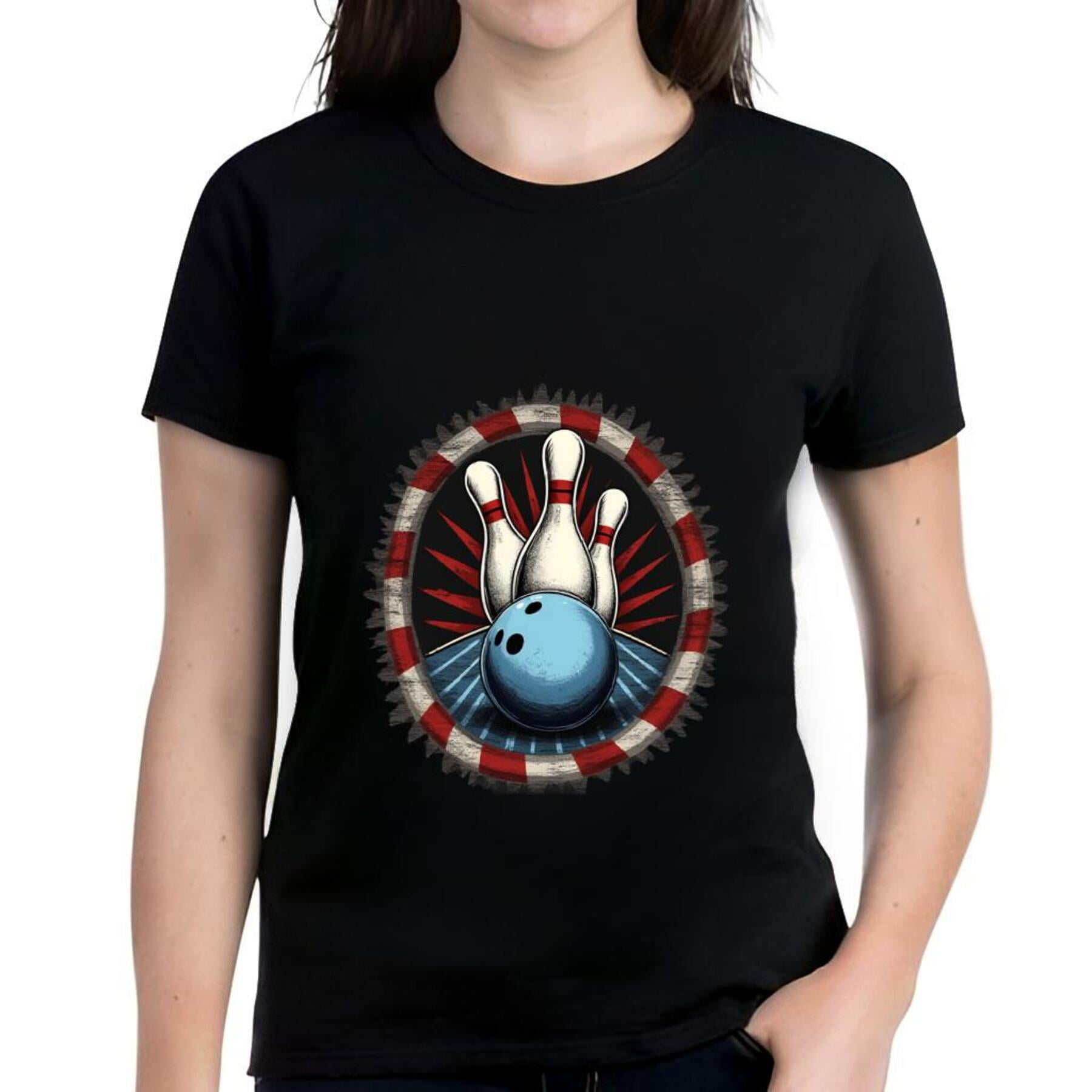 Cotton Short Sleeve T-Shirt with Blue Bowling Ball and Red Striped ...