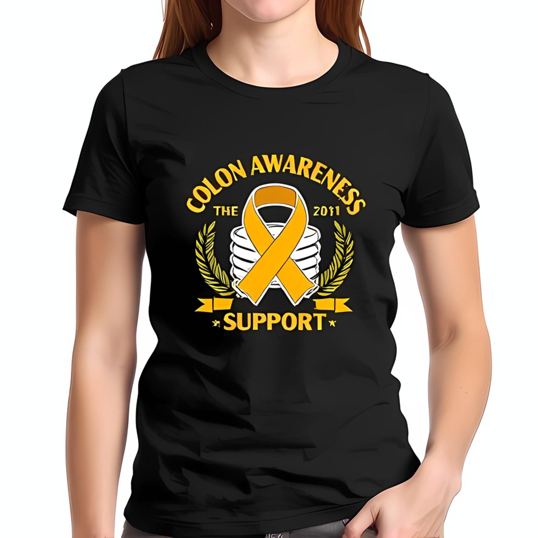 Cotton Short Sleeve T-Shirt with Bold Colon Awareness Design - Gold ...