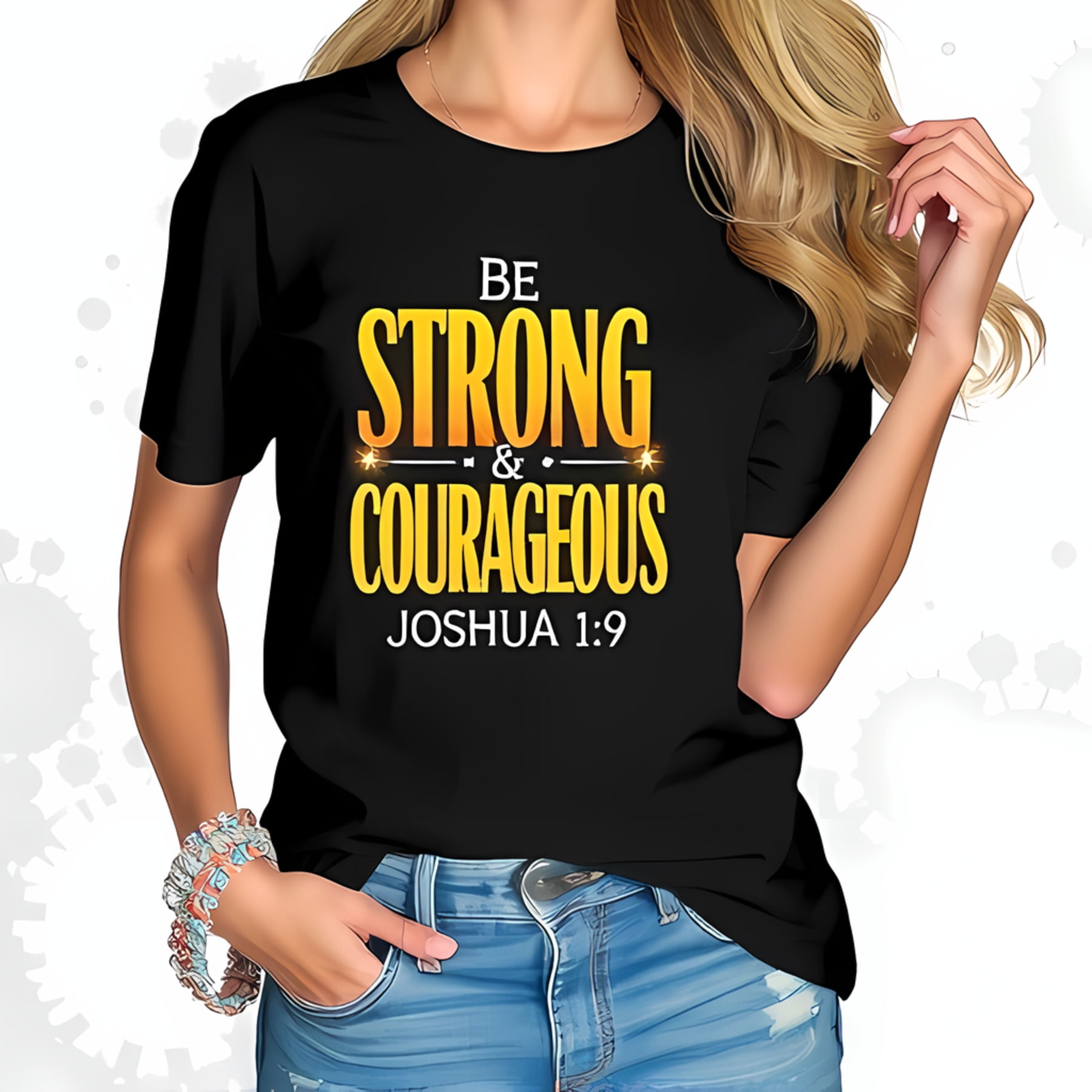 Cotton Short Sleeve T-Shirt with Bold Gold Graphic " BE STRONG & COURAGEOUS JOSHUA 1:9 ...