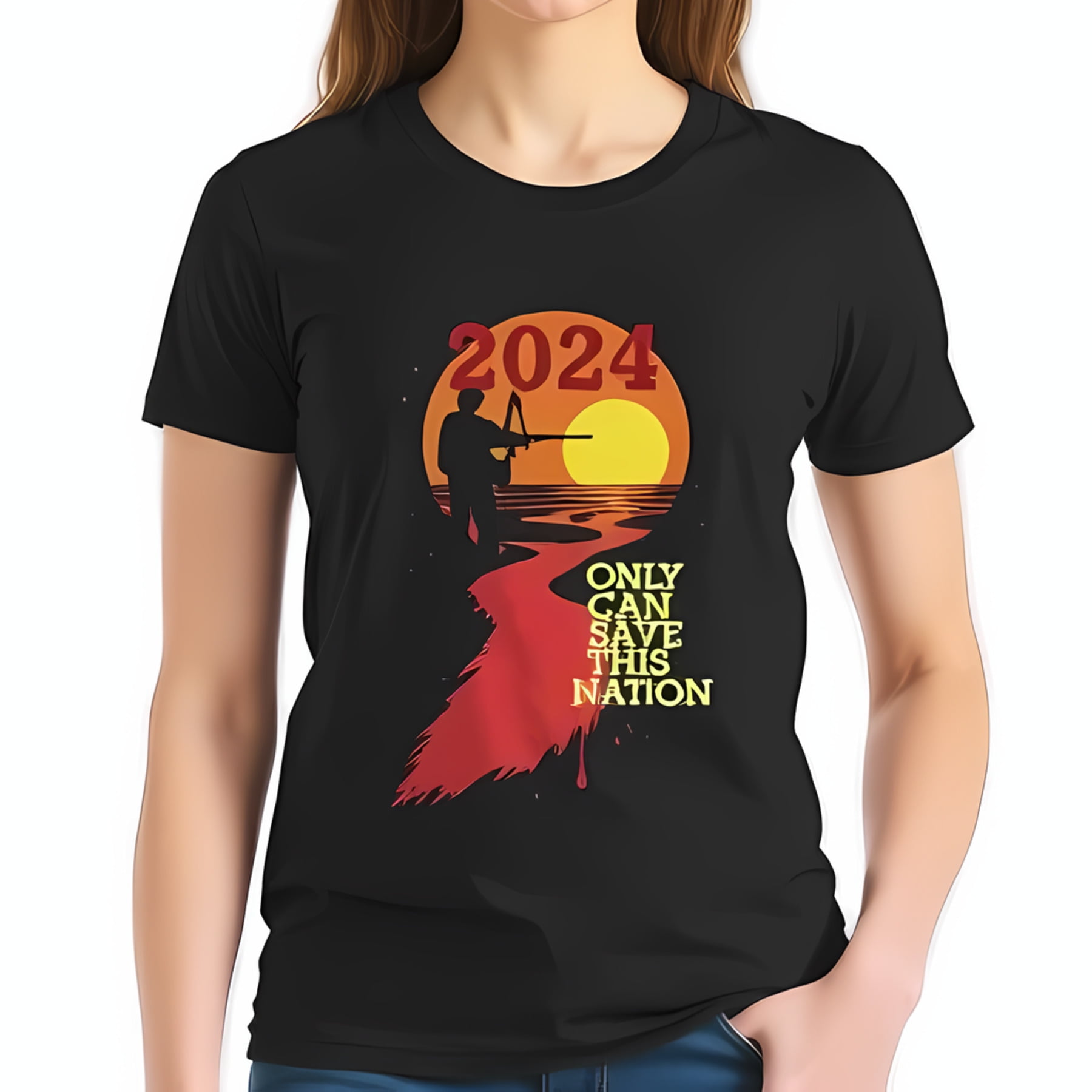 Cotton Short Sleeve T-Shirt with Bold Graphic Design: of Heroic Figure at Sunset " 2024 ONLY CAN ...