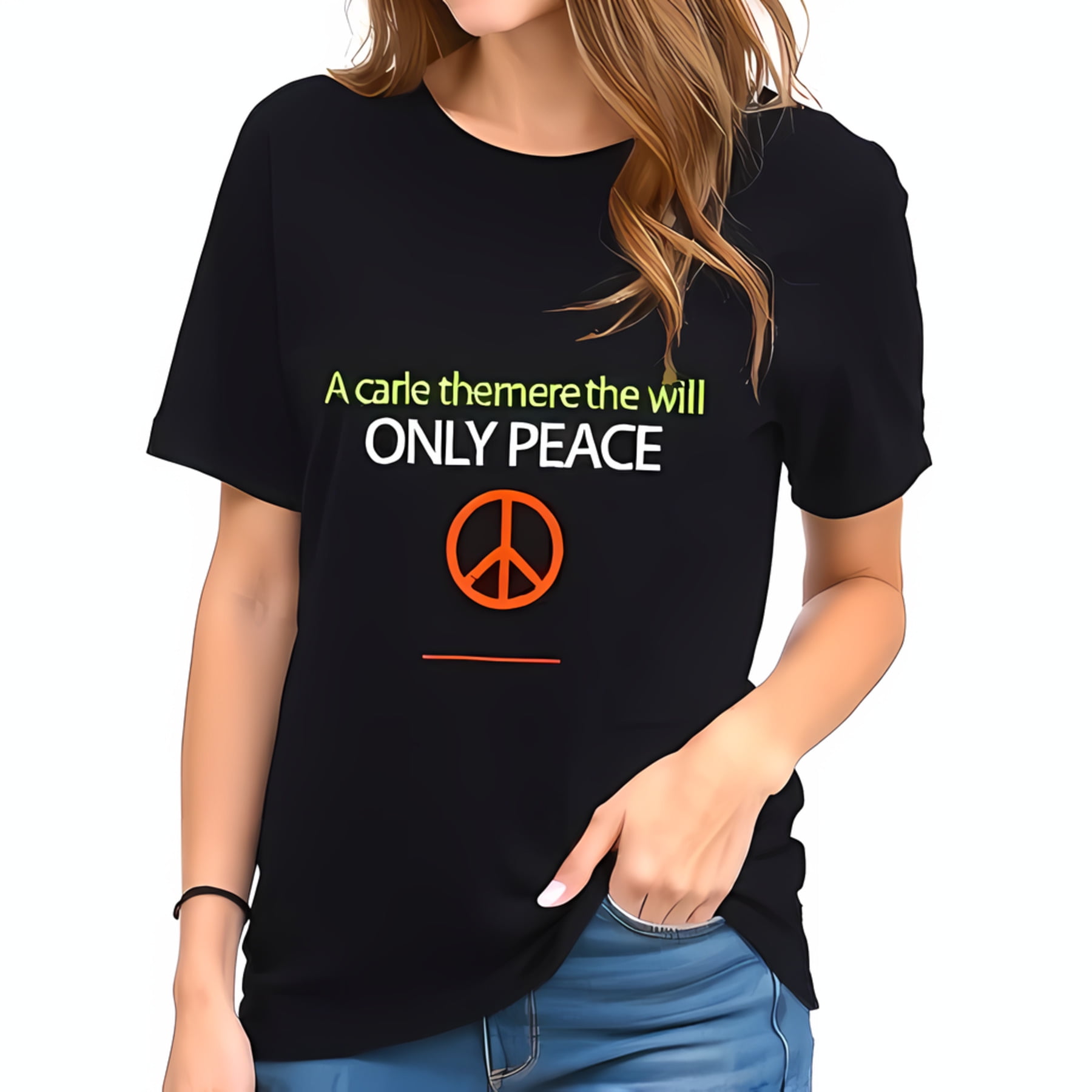 Cotton Short Sleeve T-Shirt with Bold Orange Peace Symbol & Unique Phrase in Green - Casual Wear ...