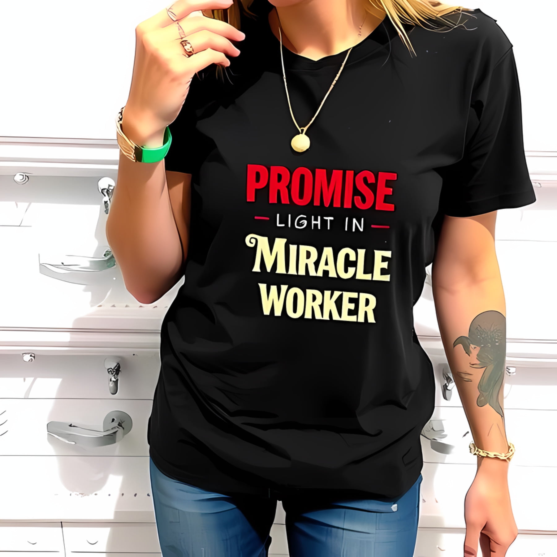 Cotton Short Sleeve T-Shirt with Bold " PROMISE - LIGHT IN - MIRACLE ...