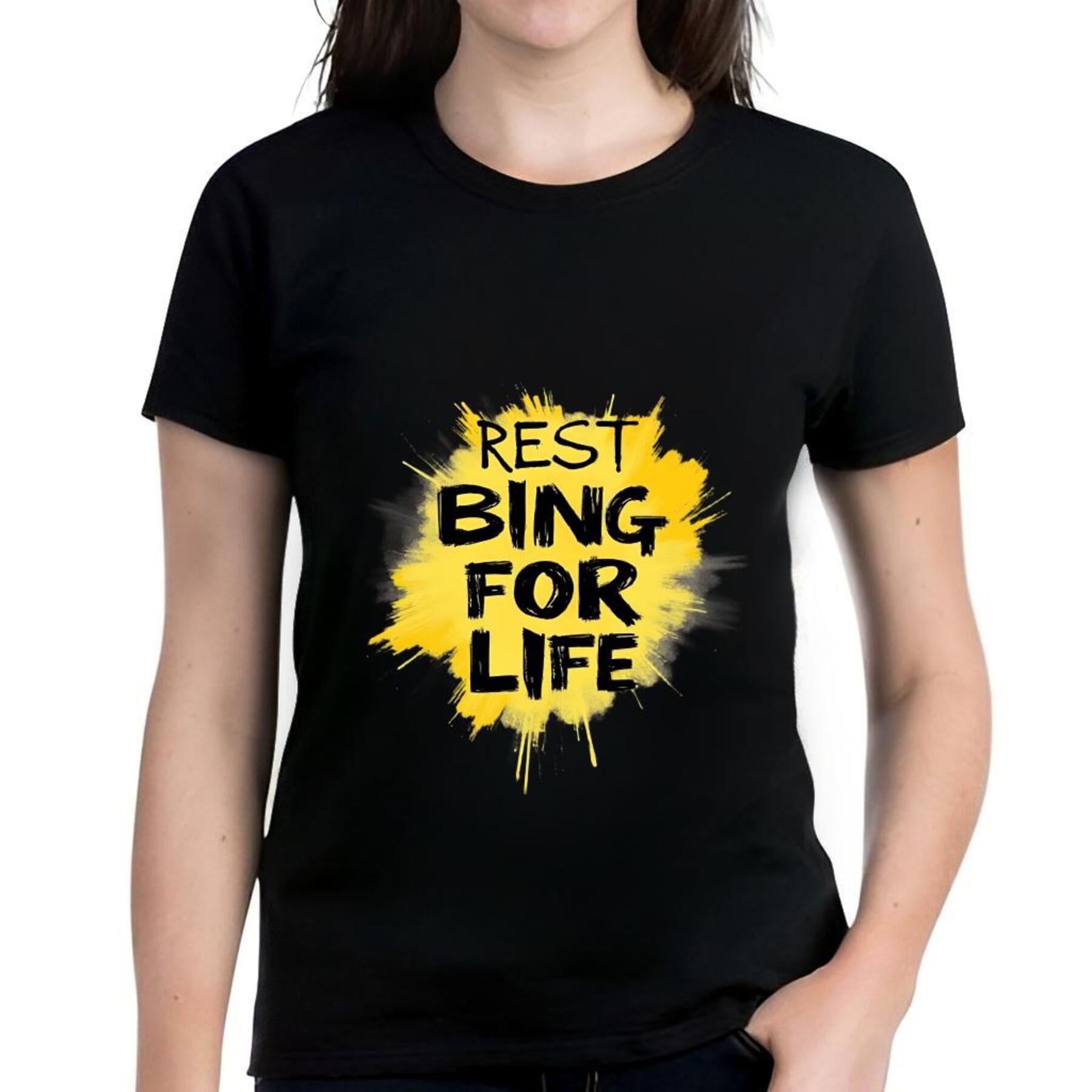 Cotton Short Sleeve T-Shirt with Bold 'REST BING FOR LIFE' Text and ...