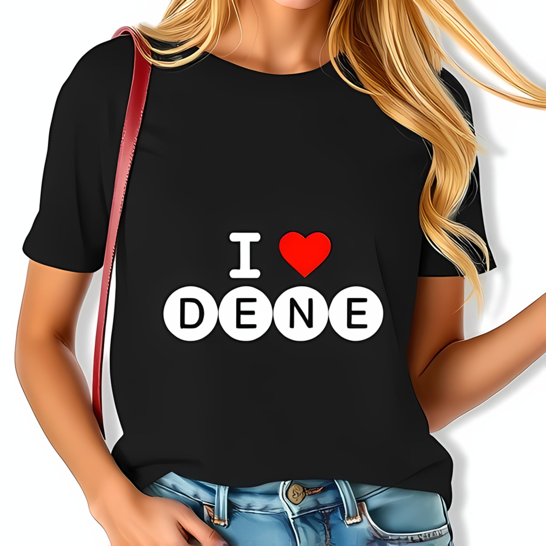 Cotton Short Sleeve T-Shirt with Bold Red Heart and Eye Chart Style 'I Love DENE' Graphic Design ...