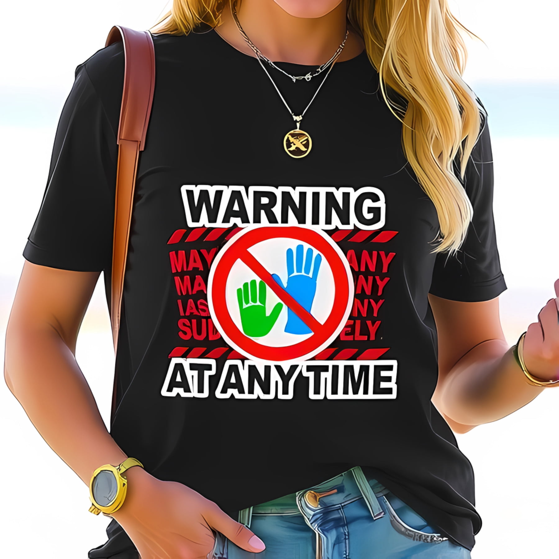 Cotton Short Sleeve T-Shirt with Bold Warning Graphic Design - Crossed ...