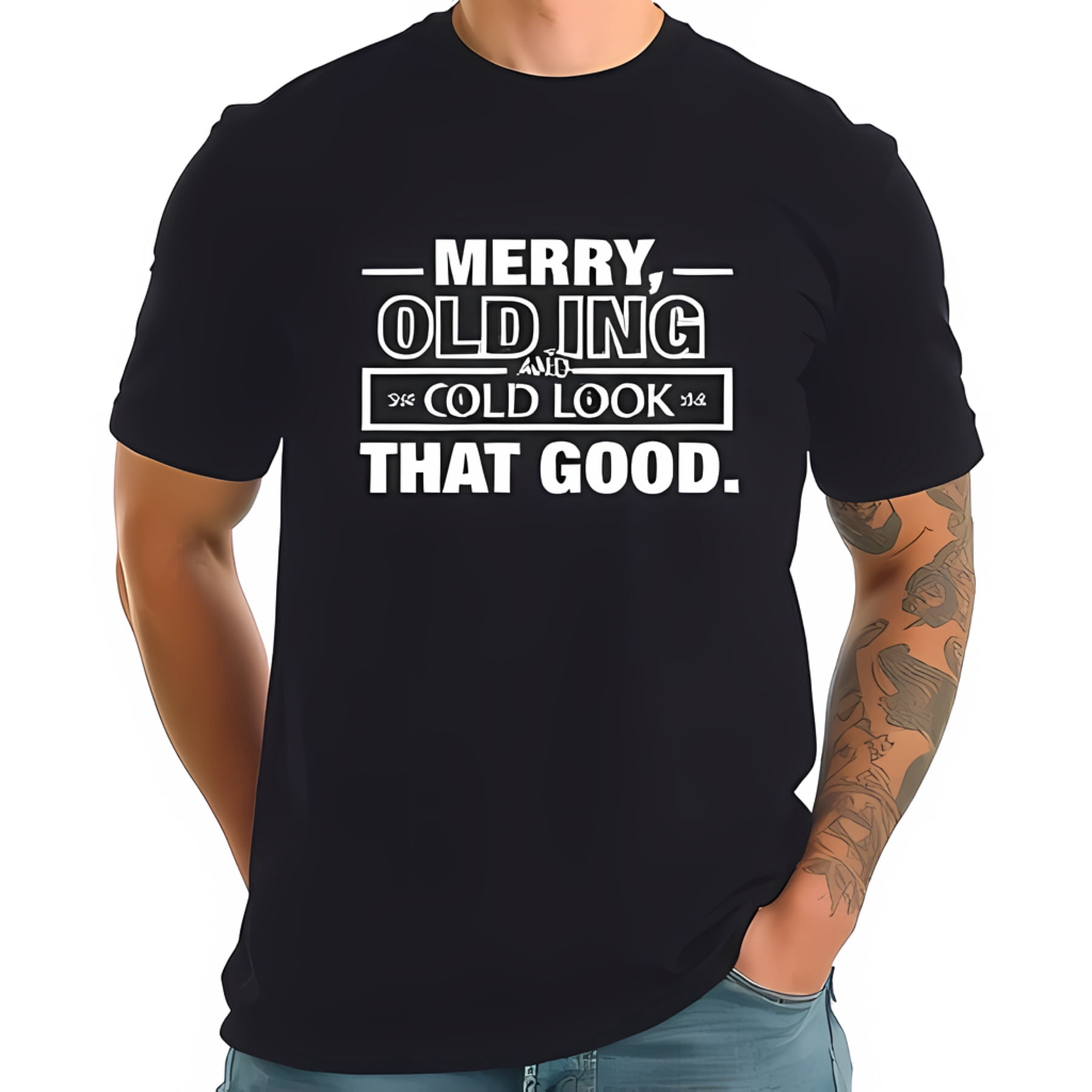 Cotton Short Sleeve T-Shirt with Bold White Graphic: " —MERRY —OLDING ...